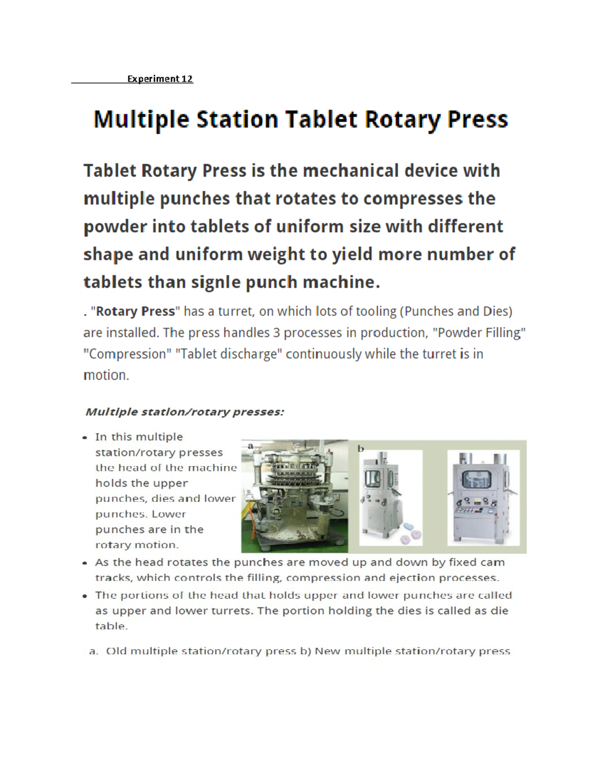 Experiment 12 Multiple station tablet rotary press - Pharmacy ...