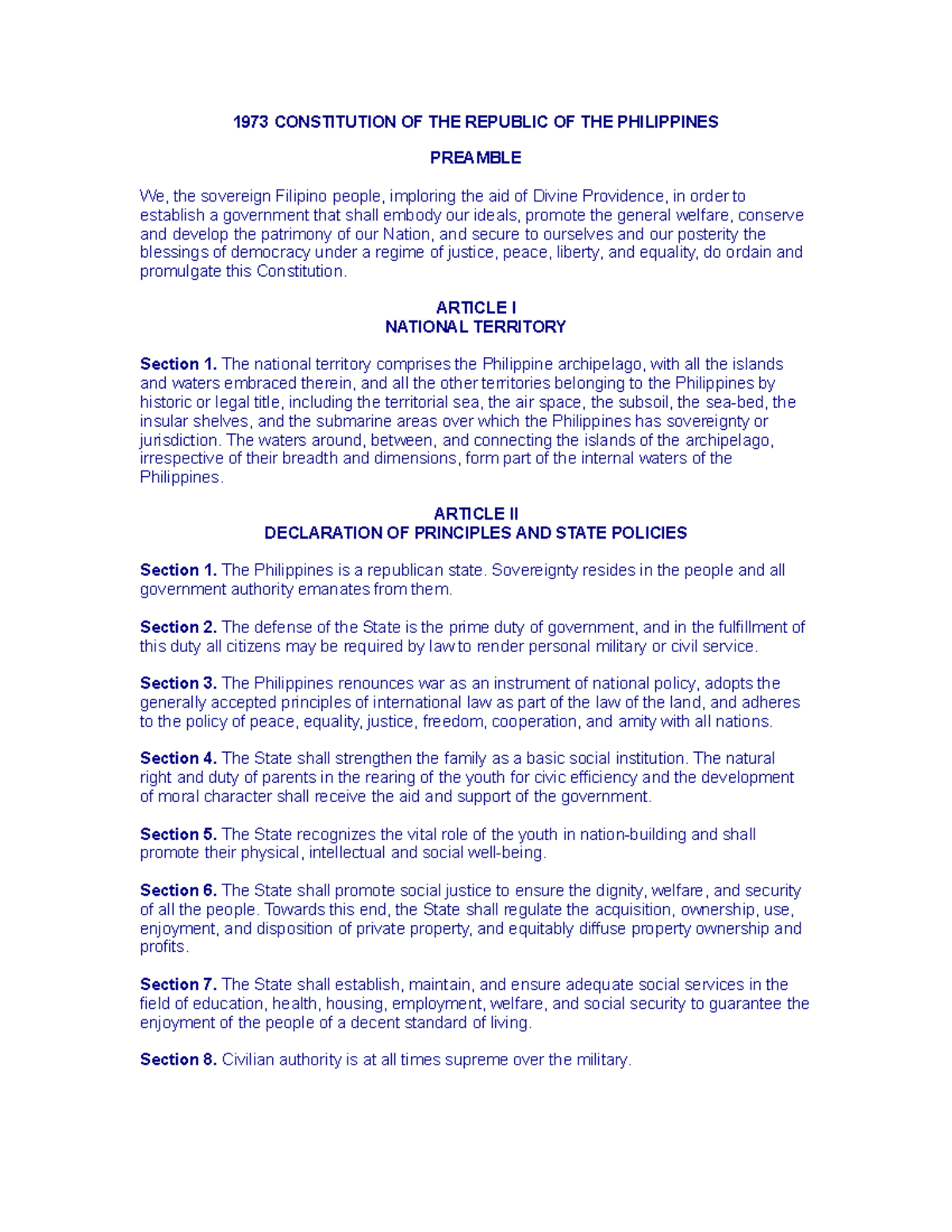 1973 Constitution - LECTURE NOTES - 1973 CONSTITUTION OF THE REPUBLIC ...