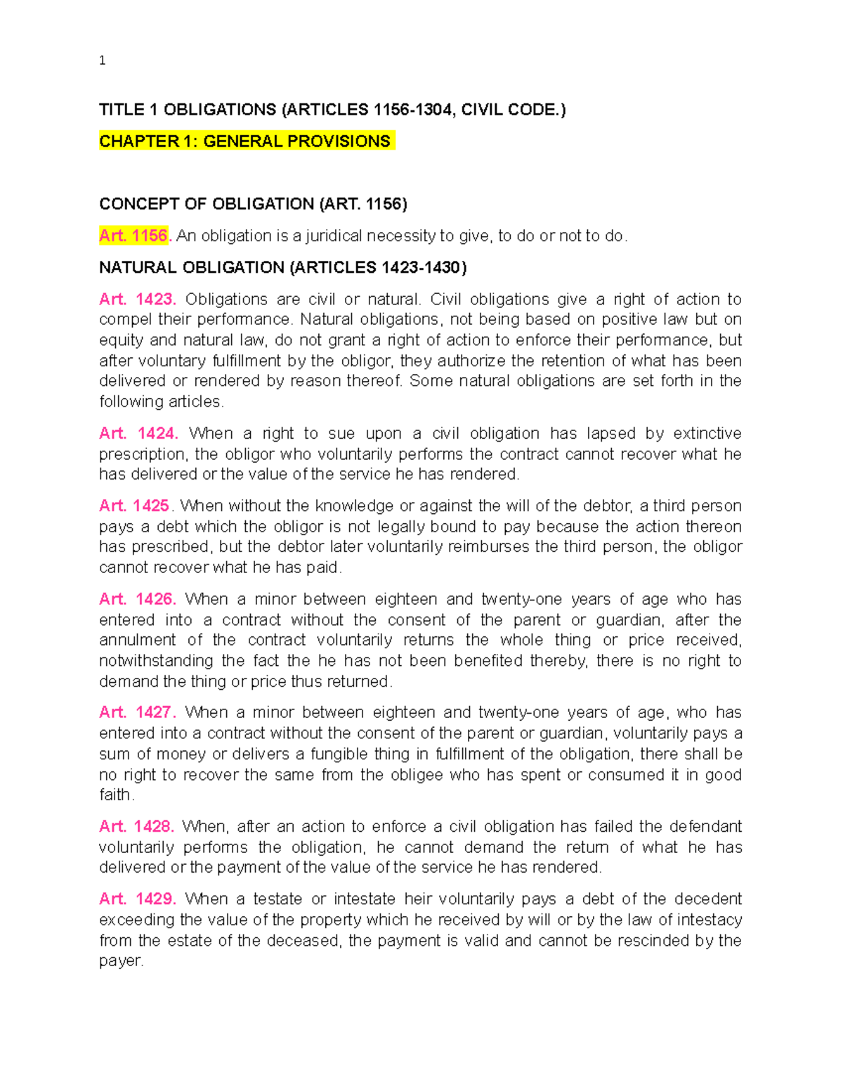 RFBT-C1- Articles - This is a summary about the Chapter 1 in Law of Obligations and Contracts ...