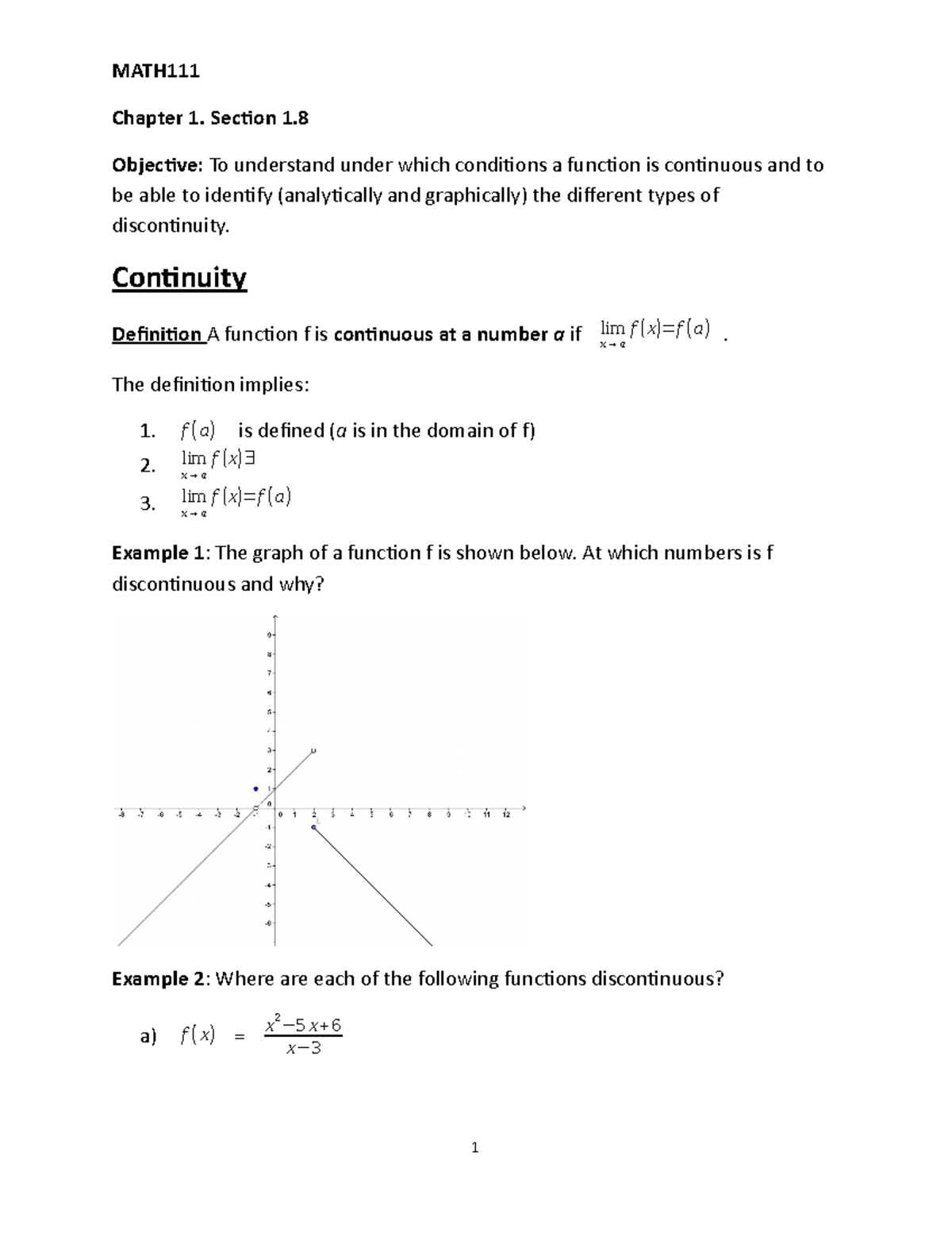 Ch1 1.8 Continuity of functions - Chapter 1. Section 1 Objective: To ...