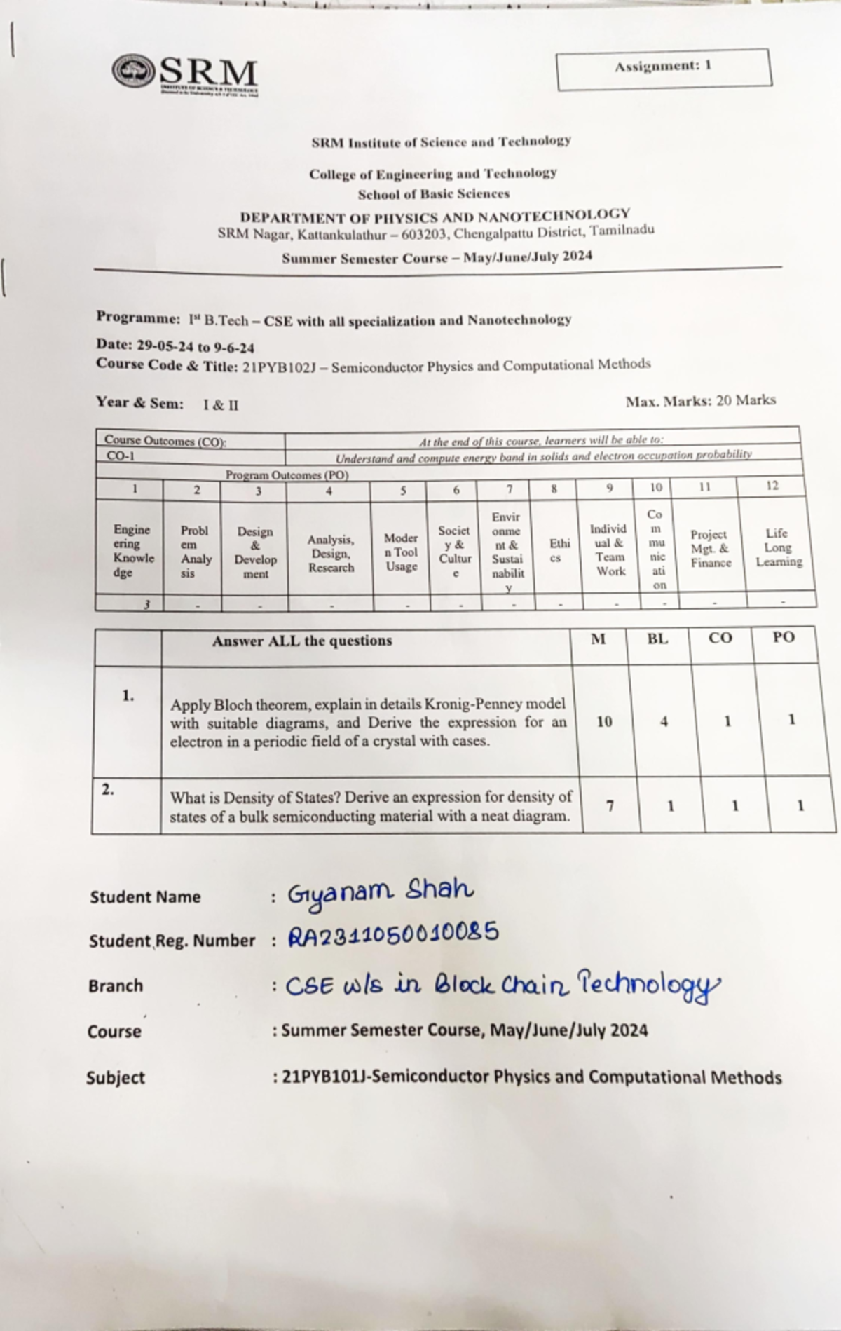 Semiconductor Assignment -1 completed - ####### OSRM Assignnent: 1 SRM Institute of Science ...