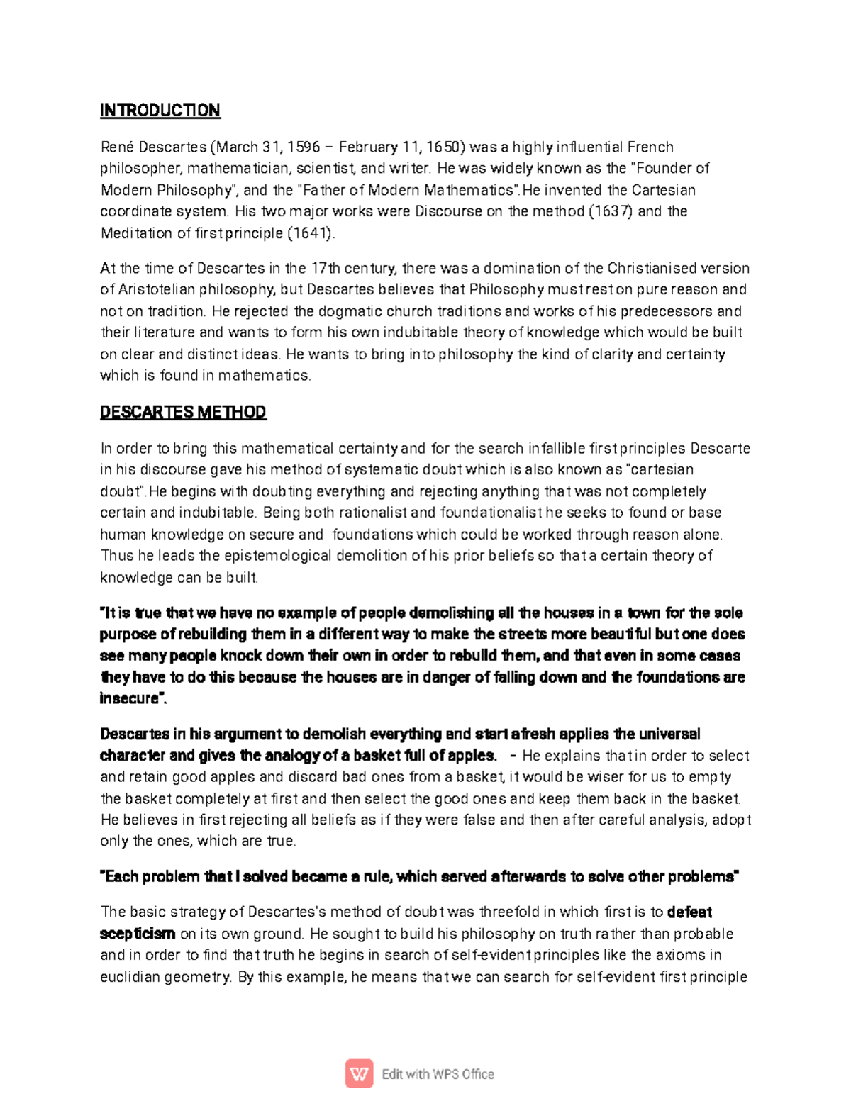 explain Descartes method of doubt? discuss it with using examples - I N ...