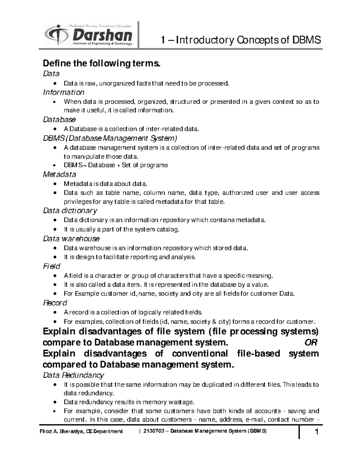 Darshan DBMS Short Note Materials For External Exam - 1 – Intr oductor ...