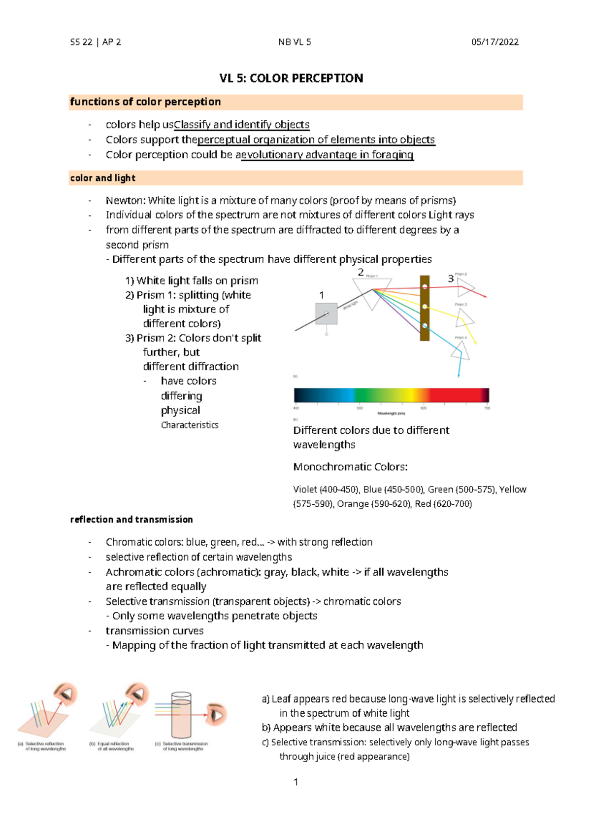 Summary 5.1 - Functions of color perception - VL 5: COLOR PERCEPTION ...