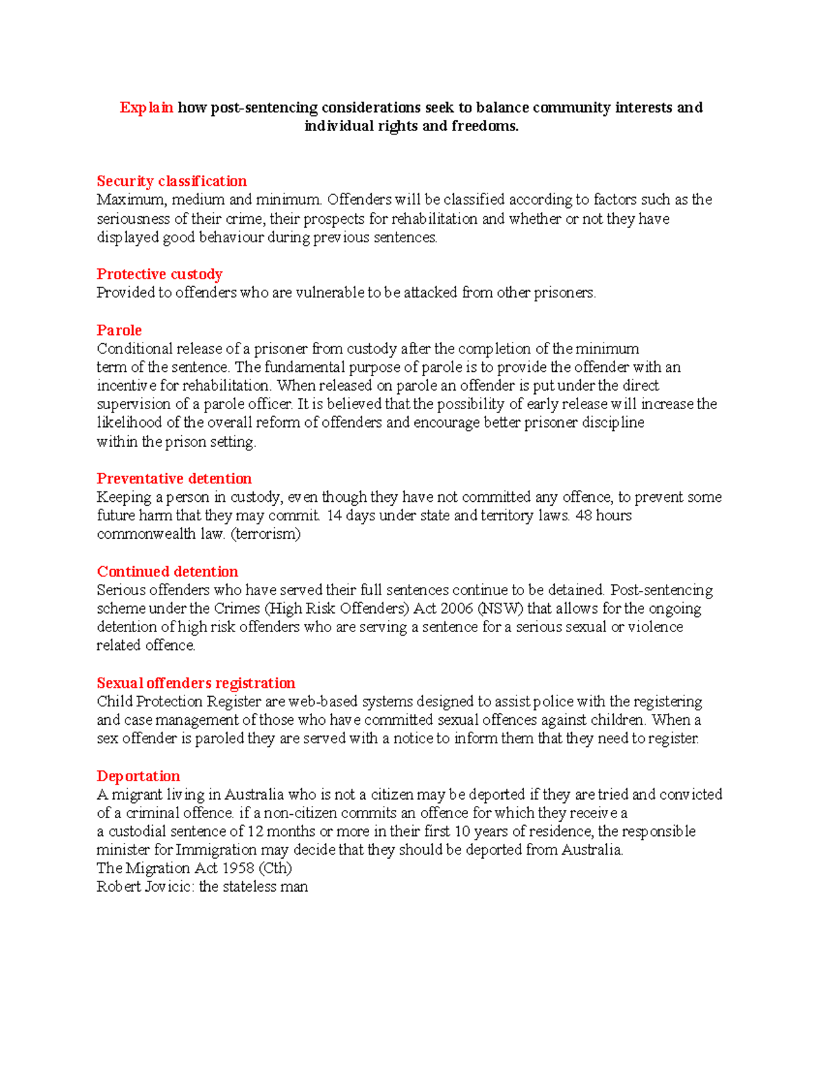 Post Sentancing Considerations (DOT Points) - Explain how post ...