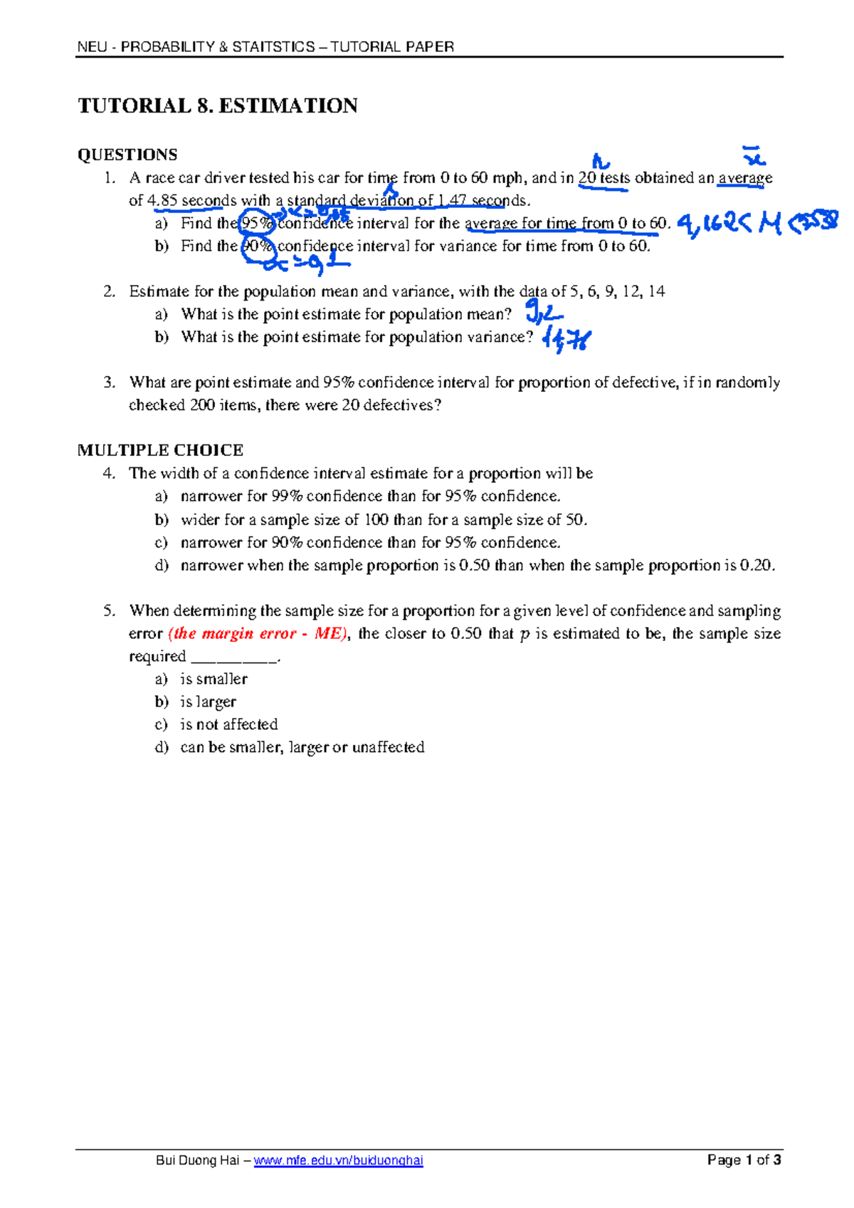 Prob Stat Tutor 08 - NEU - PROBABILITY & STAITSTICS – TUTORIAL PAPER Bui Duong Hai – - Studocu