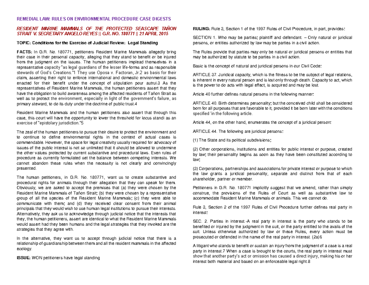 Envi-Case-Digests - Summary Law And Environment - RESIDENT MARINE MAMMALS OF THE PROTECTED ...