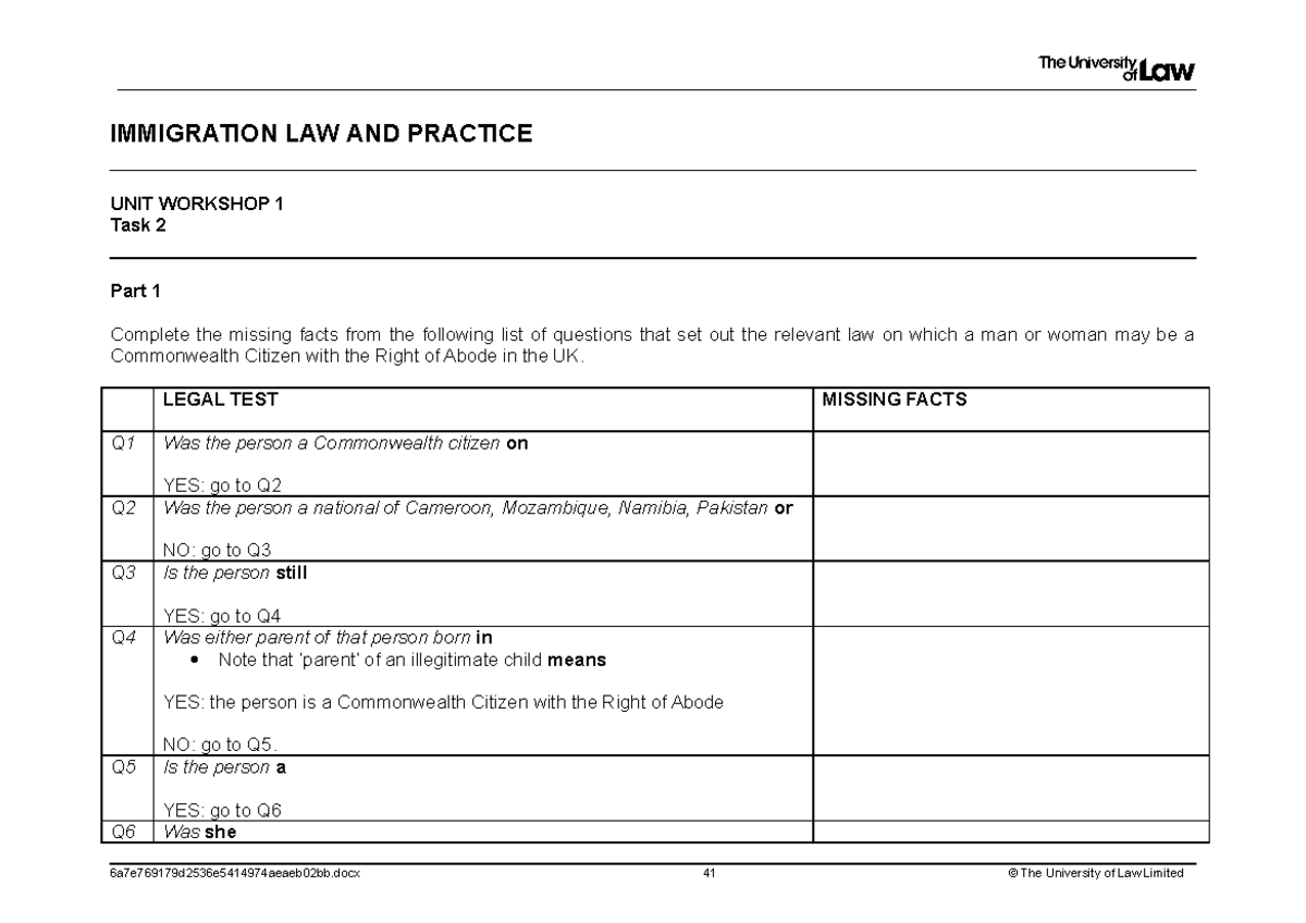Immigration 1 task 2 - IMMIGRATION LAW AND PRACTICE UNIT WORKSHOP 1 ...