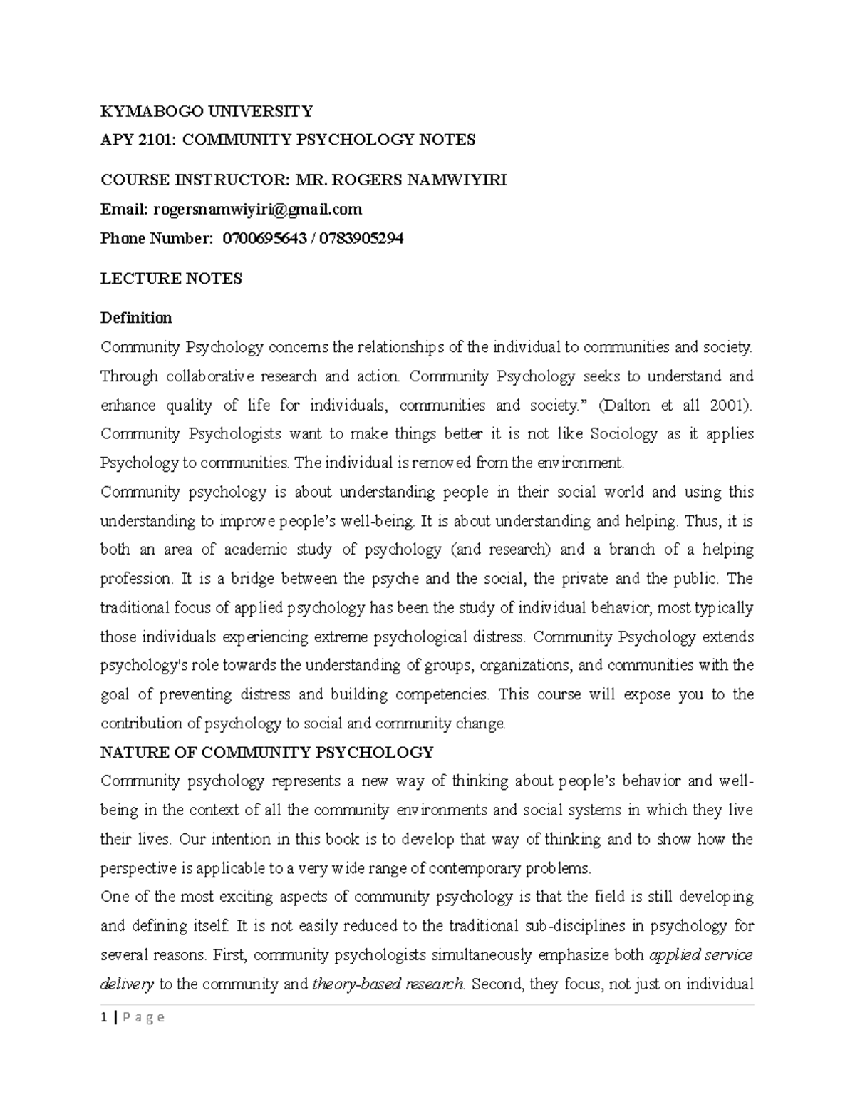 APY2104 Community Psychology Notes - KYMABOGO UNIVERSITY APY 2101 ...