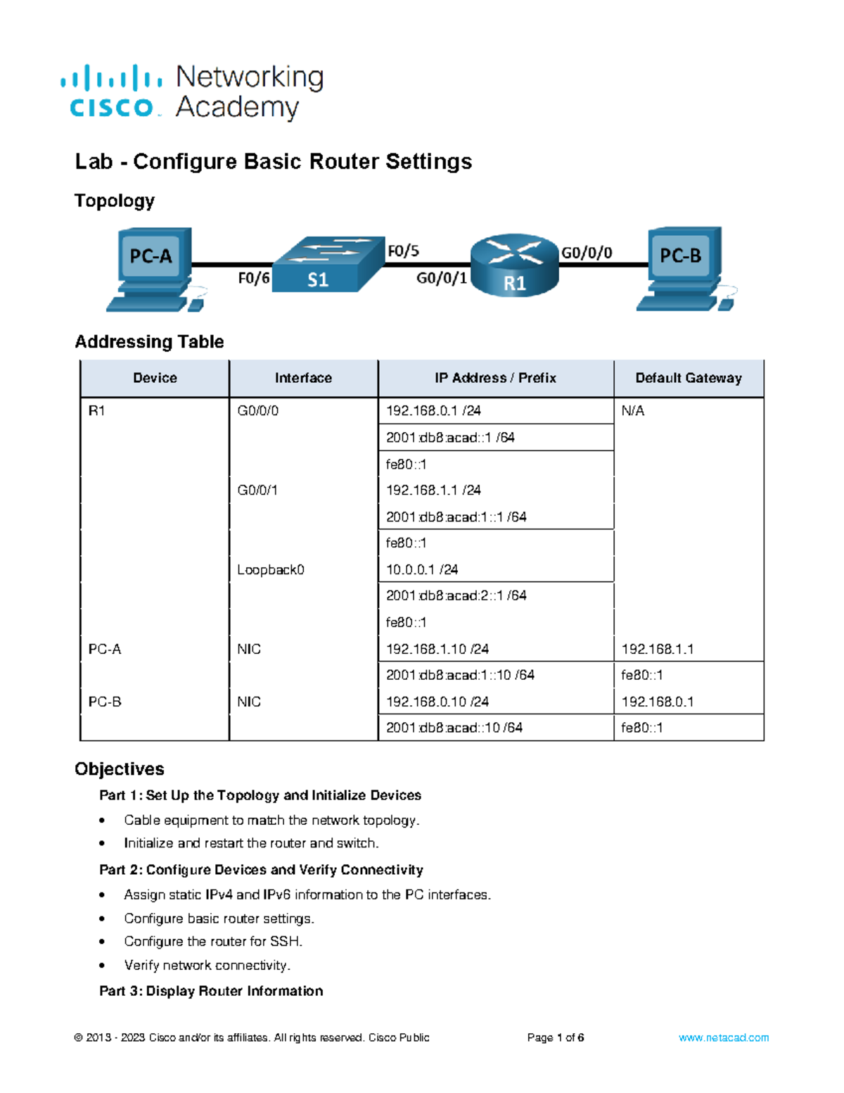1.6.2 Lab - Configure Basic Router Settings - Topology Addressing Table ...