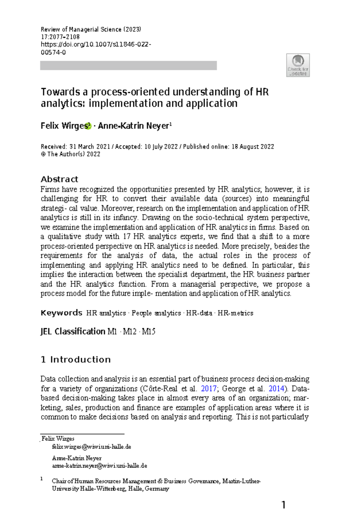 Towards a process oriented understanding of HR analytics implementation - ORIGINAL PAPER Review ...