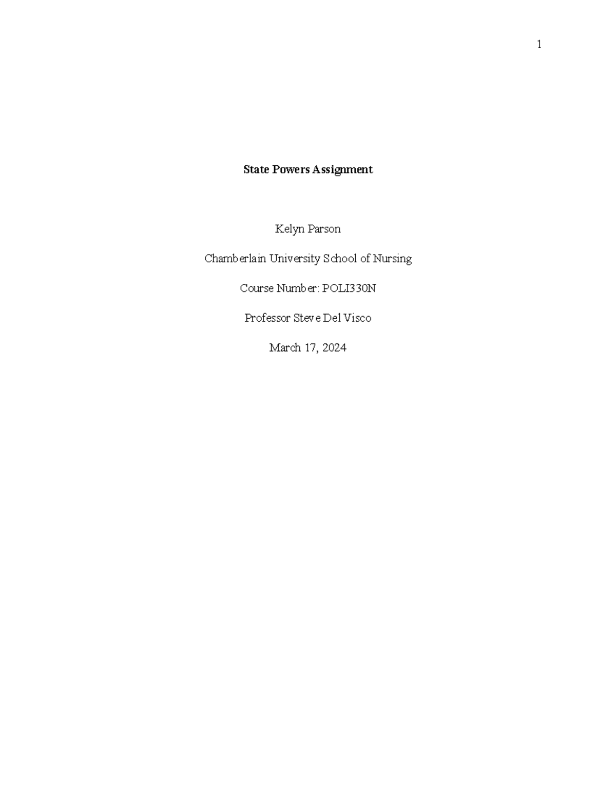 State Powers Assignment - State Powers Assignment Kelyn Parson Chamberlain University School of ...