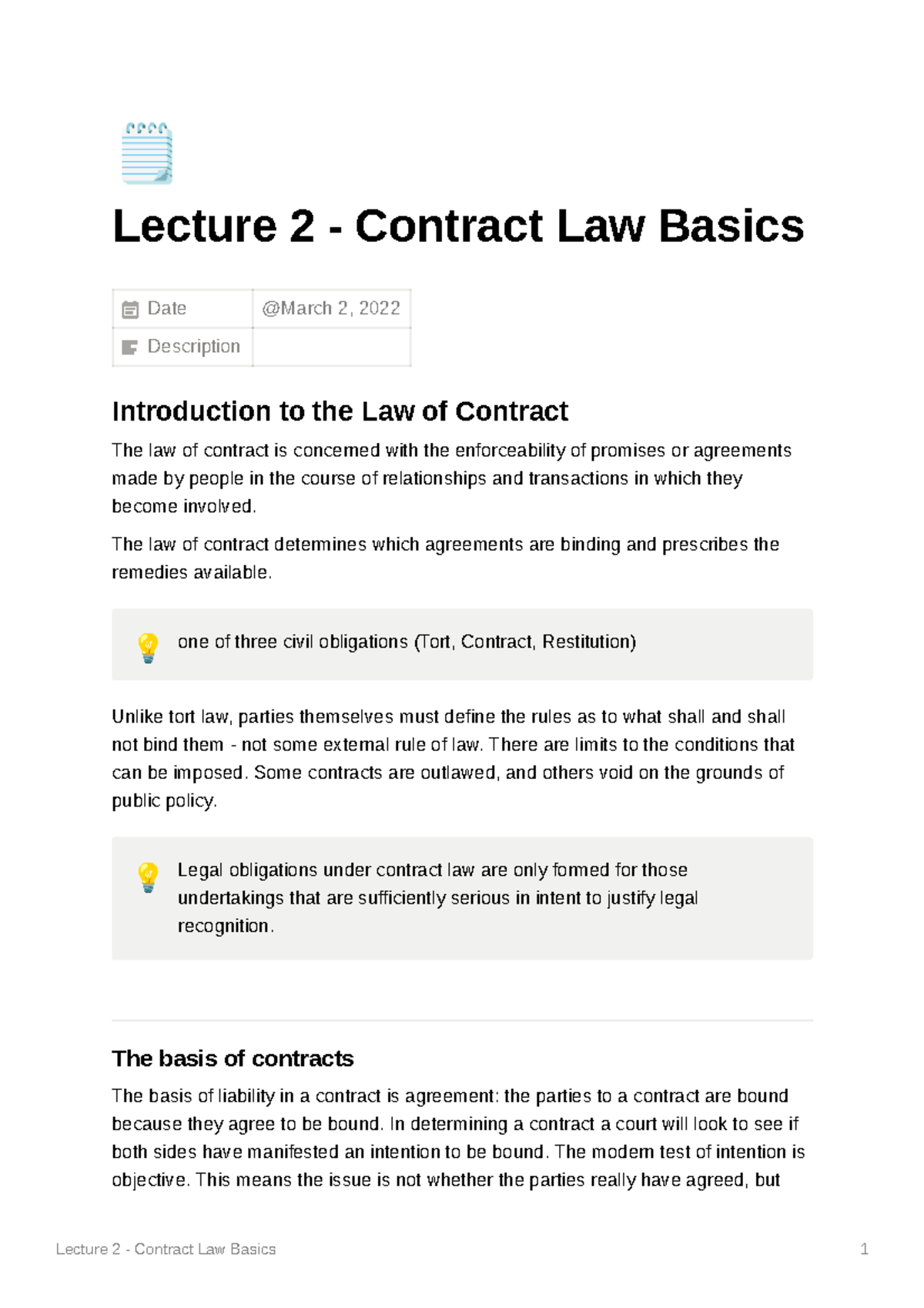 Lecture 2 - Contract Law Basics - 🗒 Lecture 2 - Contract Law Basics ...