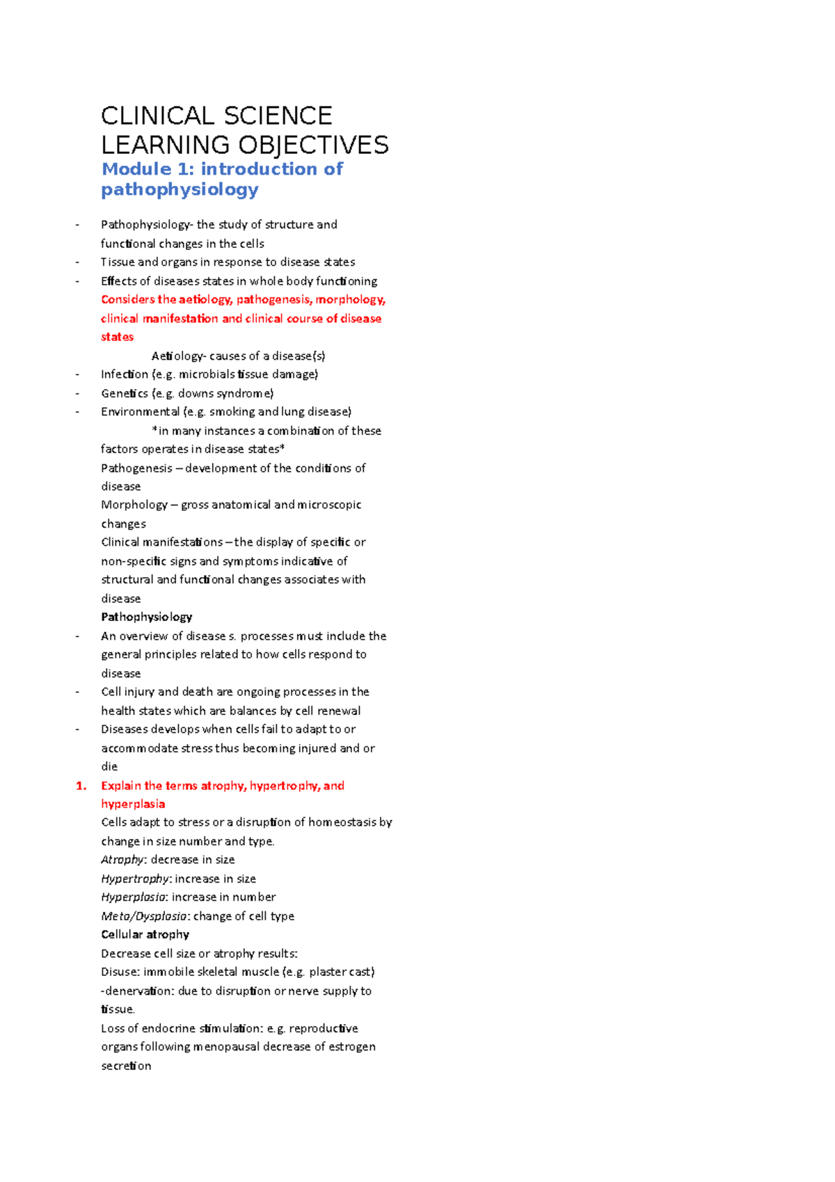 Clinical sciences 1 1-3 - CLINICAL SCIENCE LEARNING OBJECTIVES Module 1 ...