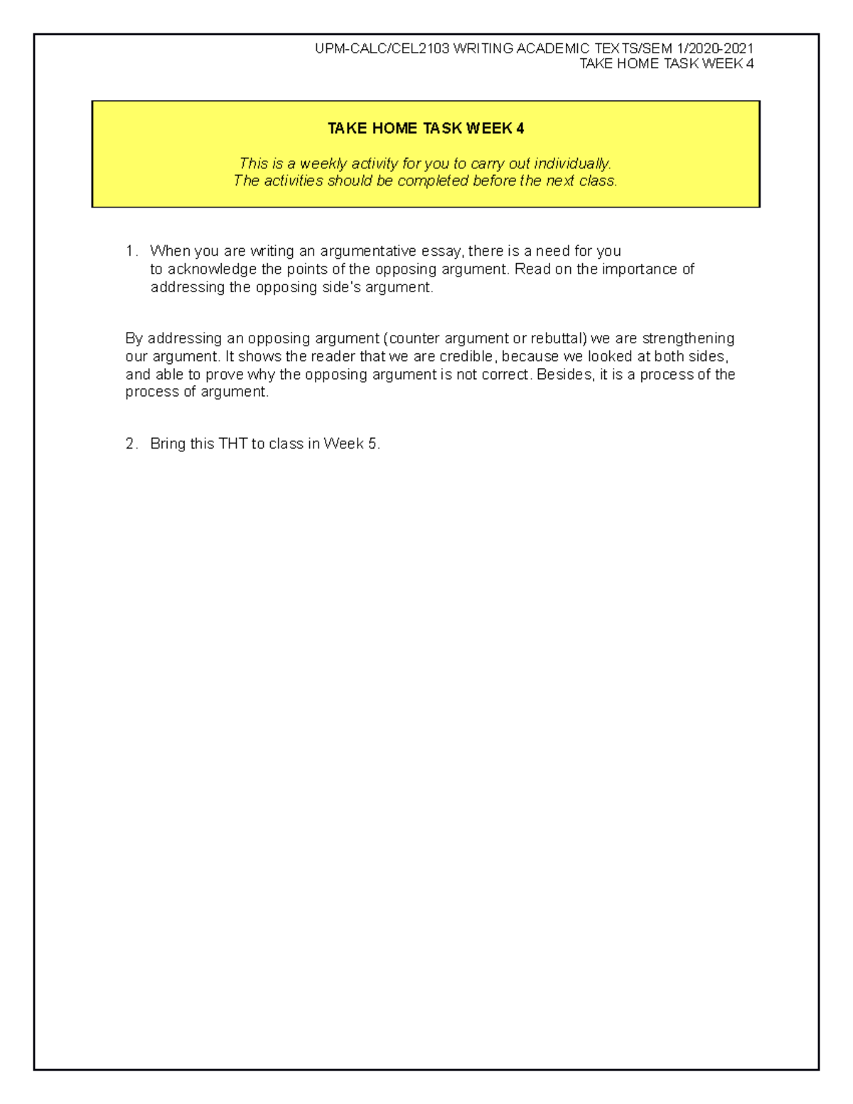 CEL 2103 - THT WEEK 4 - This is weekly take home task for students who ...