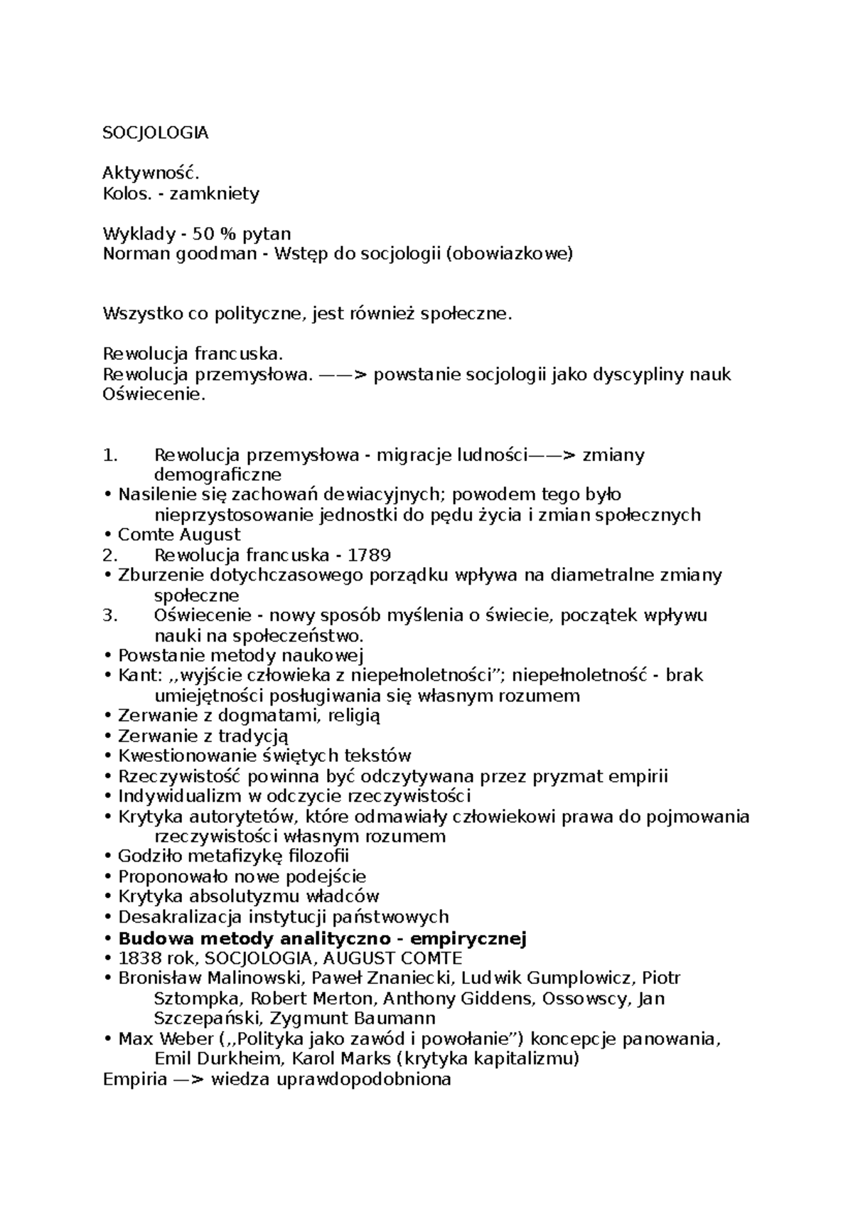 Socjologia notatki psychologia 1 kurs socjologia - SOCJOLOGIA Aktywność. Kolos. - zamkniety ...