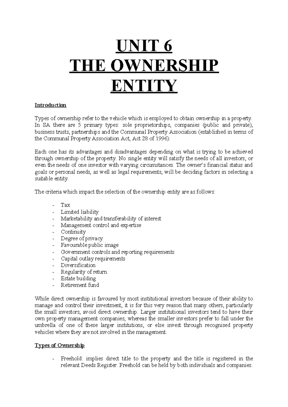 PEF3 - UNIT 6 - notes - UNIT 6 THE OWNERSHIP ENTITY Introduction Types ...