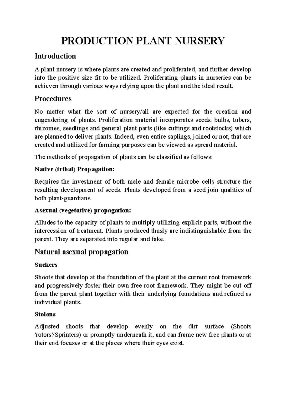 Plant Procedures - PRODUCTION PLANT NURSERY Introduction A plant ...