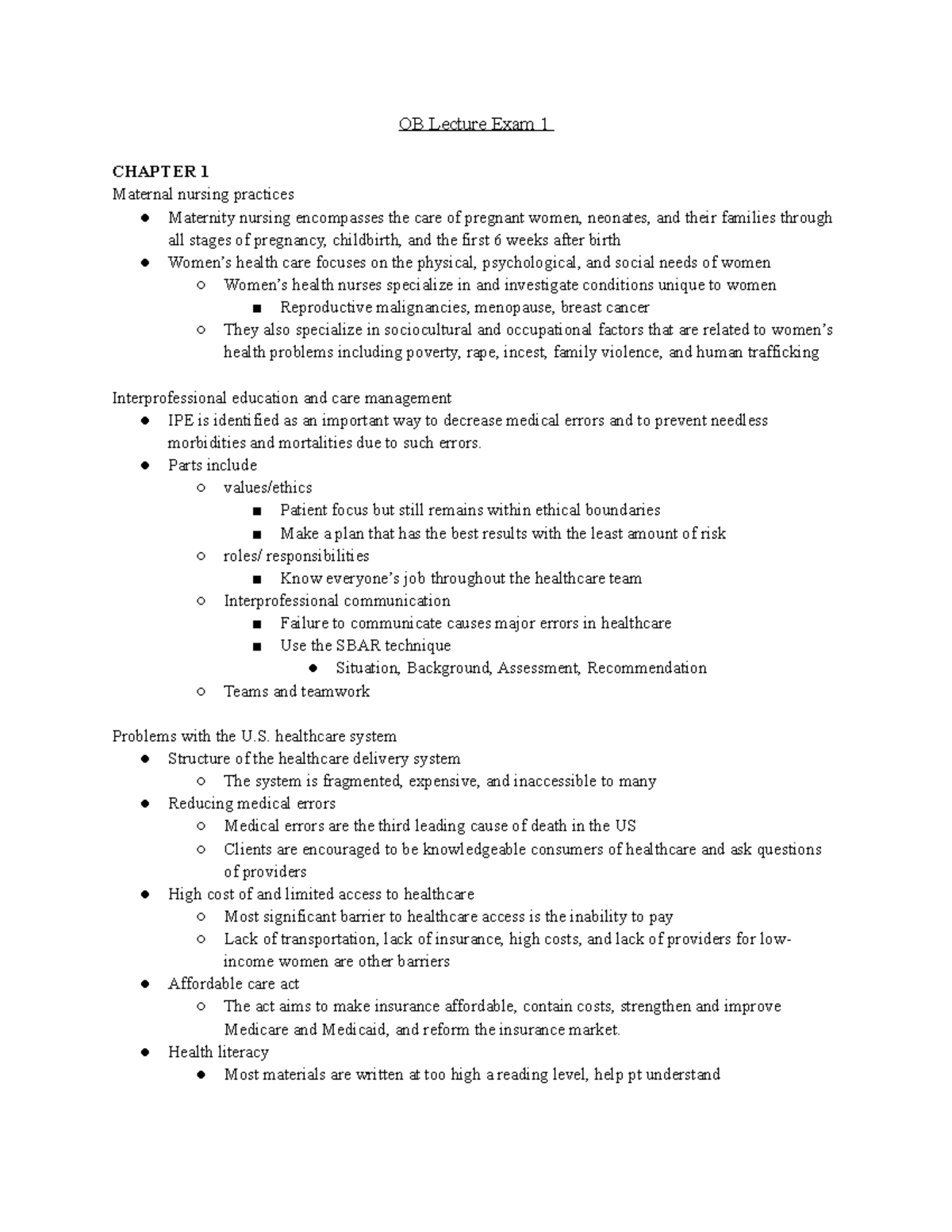 OB Lecture Exam 1 - study guide - OB Lecture Exam 1 CHAPTER 1 Maternal ...