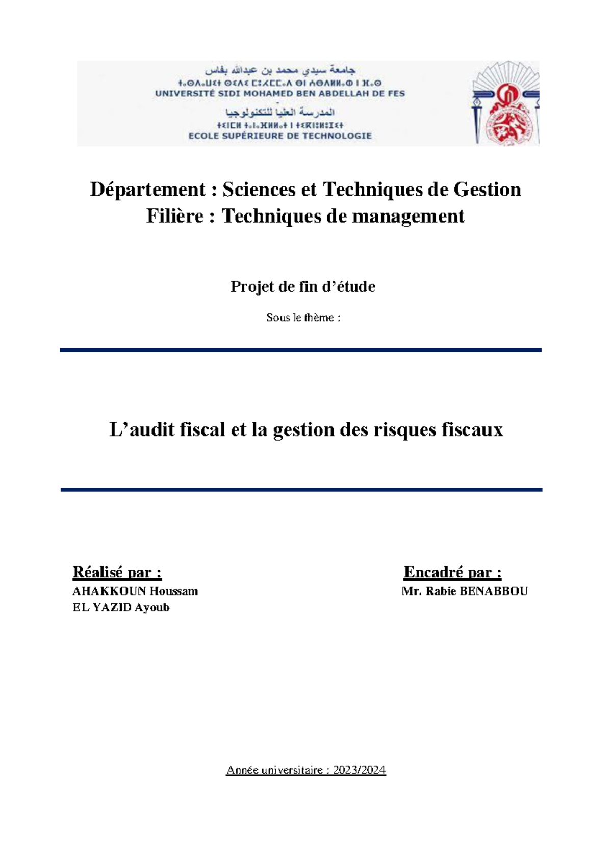 PFE audit fiscal - Département : Sciences et Techniques de Gestion ...