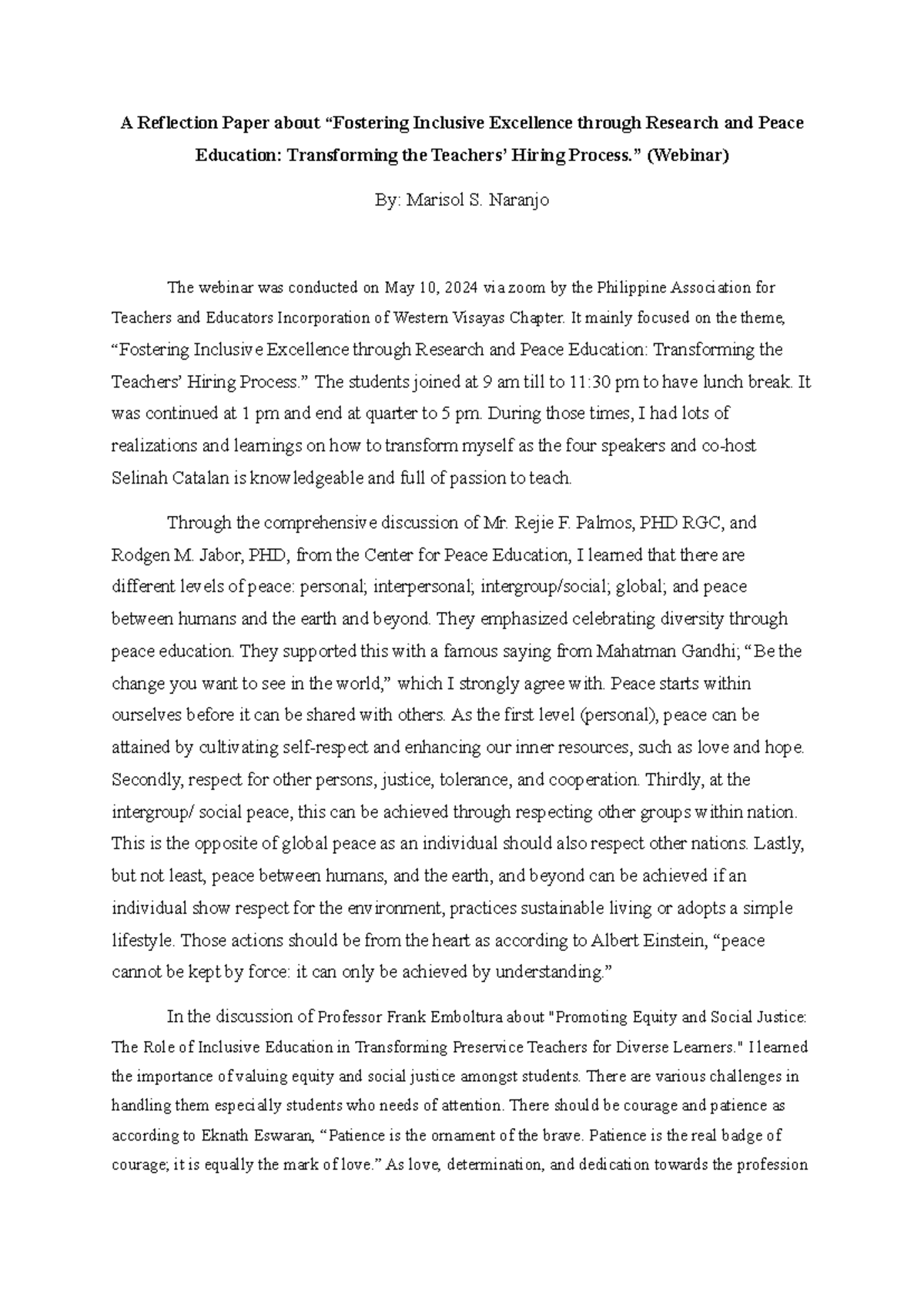 Reflection Paper - ” (Webinar) By: Marisol S. Naranjo The webinar was ...