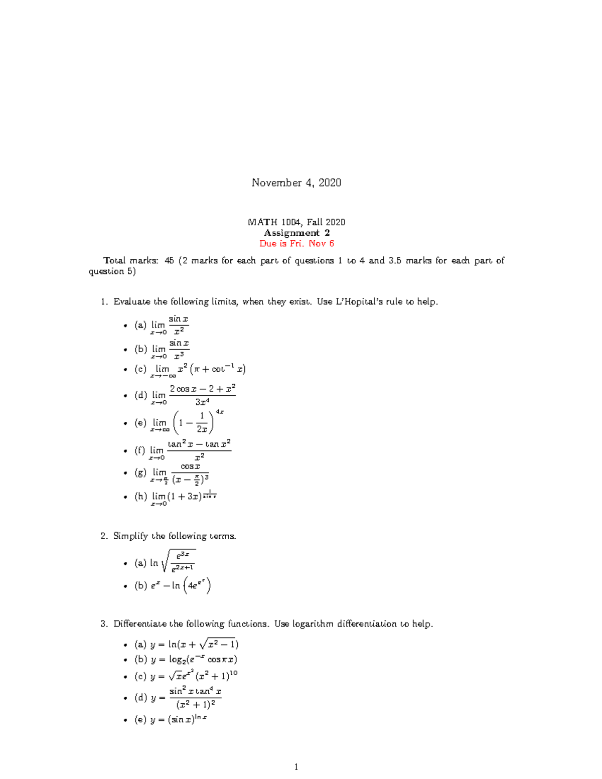 Assignments-2 - assignment 2 - November 4, 2020 MATH 1004, Fall 2020 ...