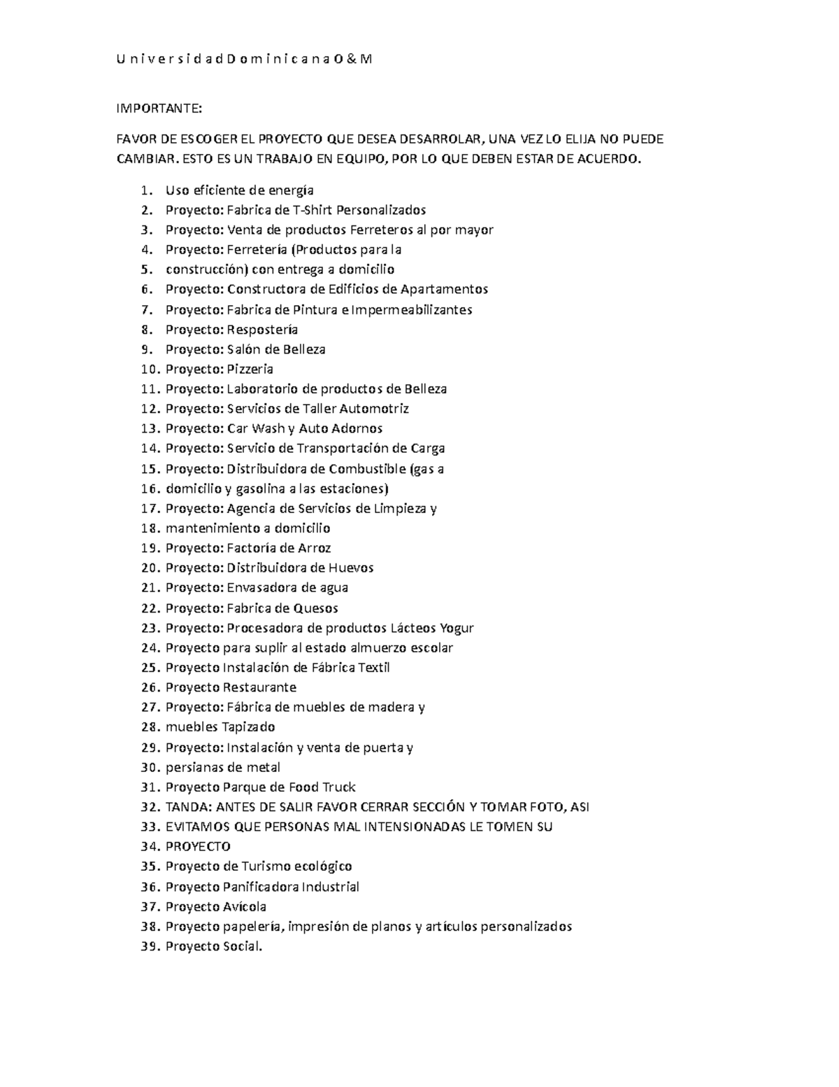 Lista de proyectos (1) - jjjjj - U n i v e r s i d a d D o m i n i c a n a O & M IMPORTANTE ...