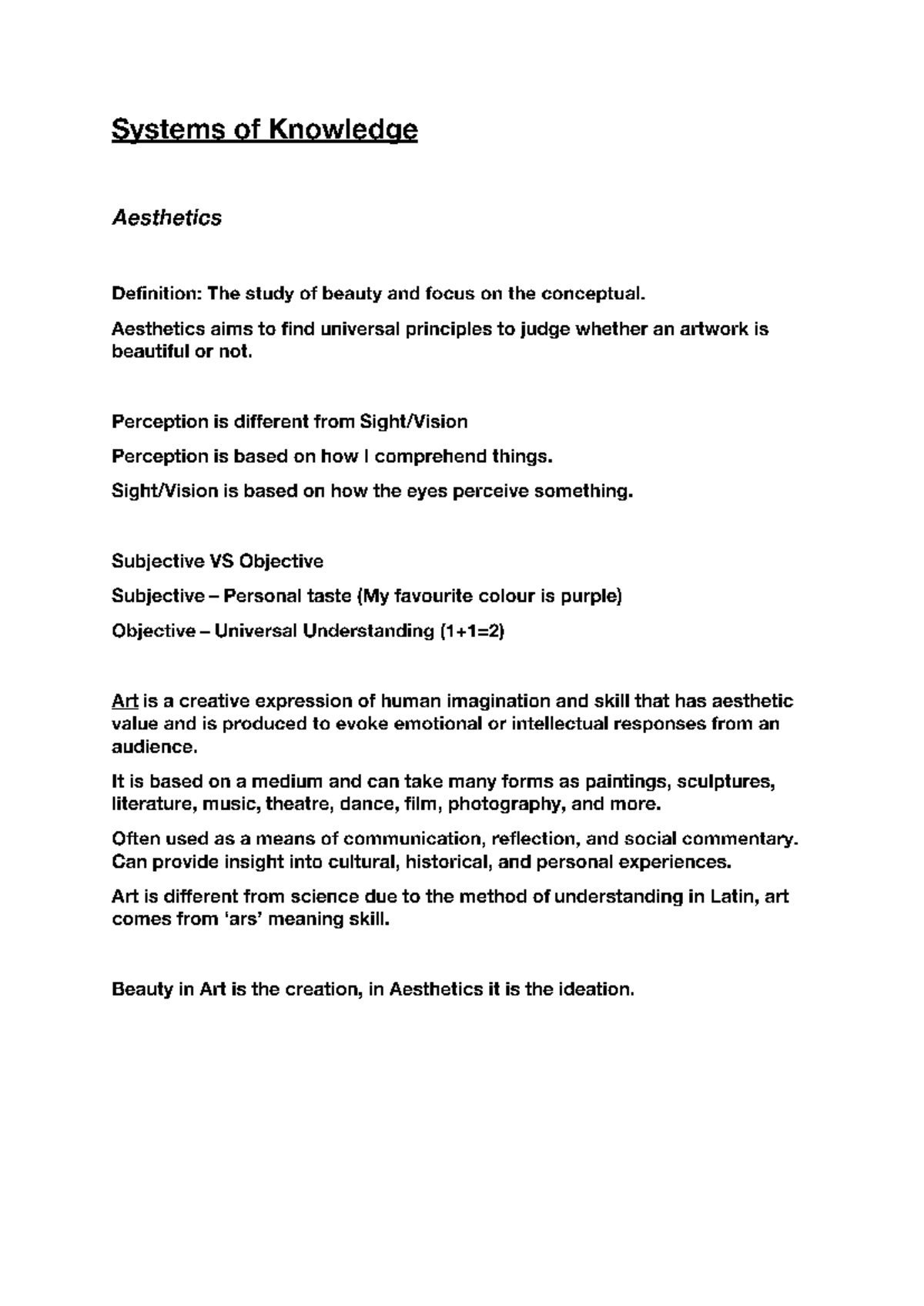 Aesthetics Notes - Systems of Knowledge Aesthetics Definition: The ...