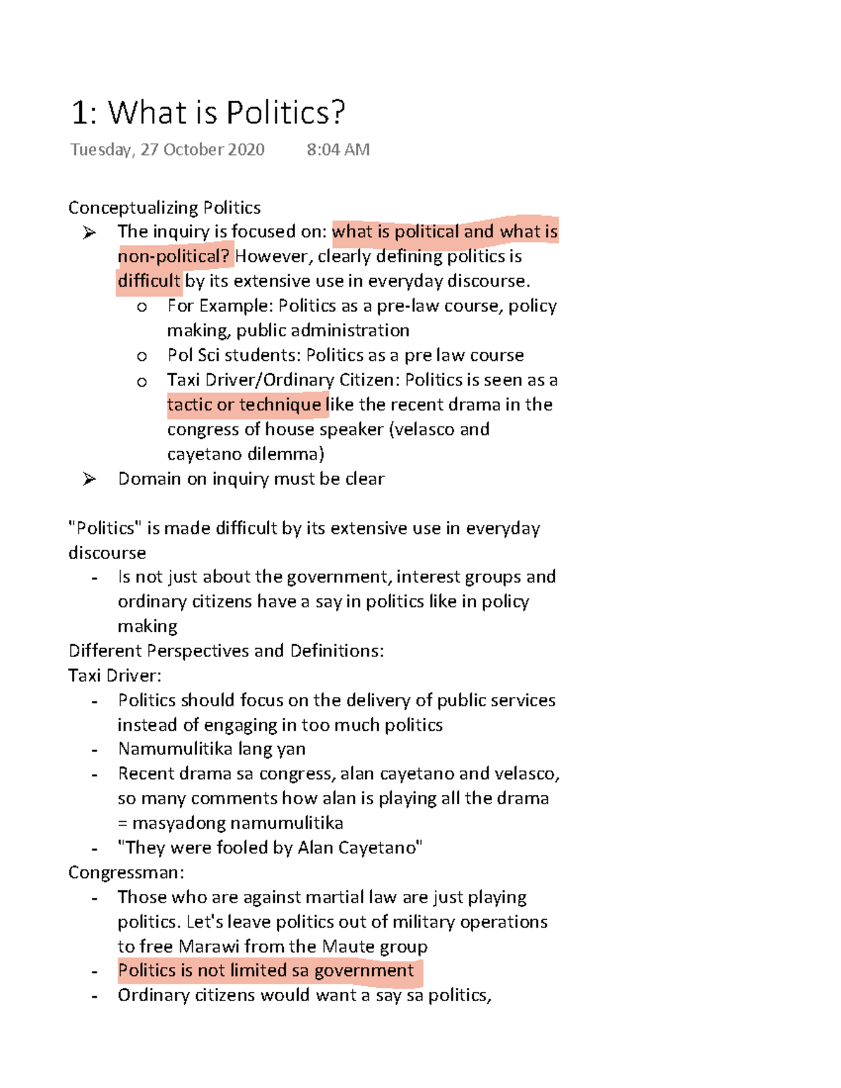 1 What is Politics - Conceptualizing Politics The inquiry is focused on ...