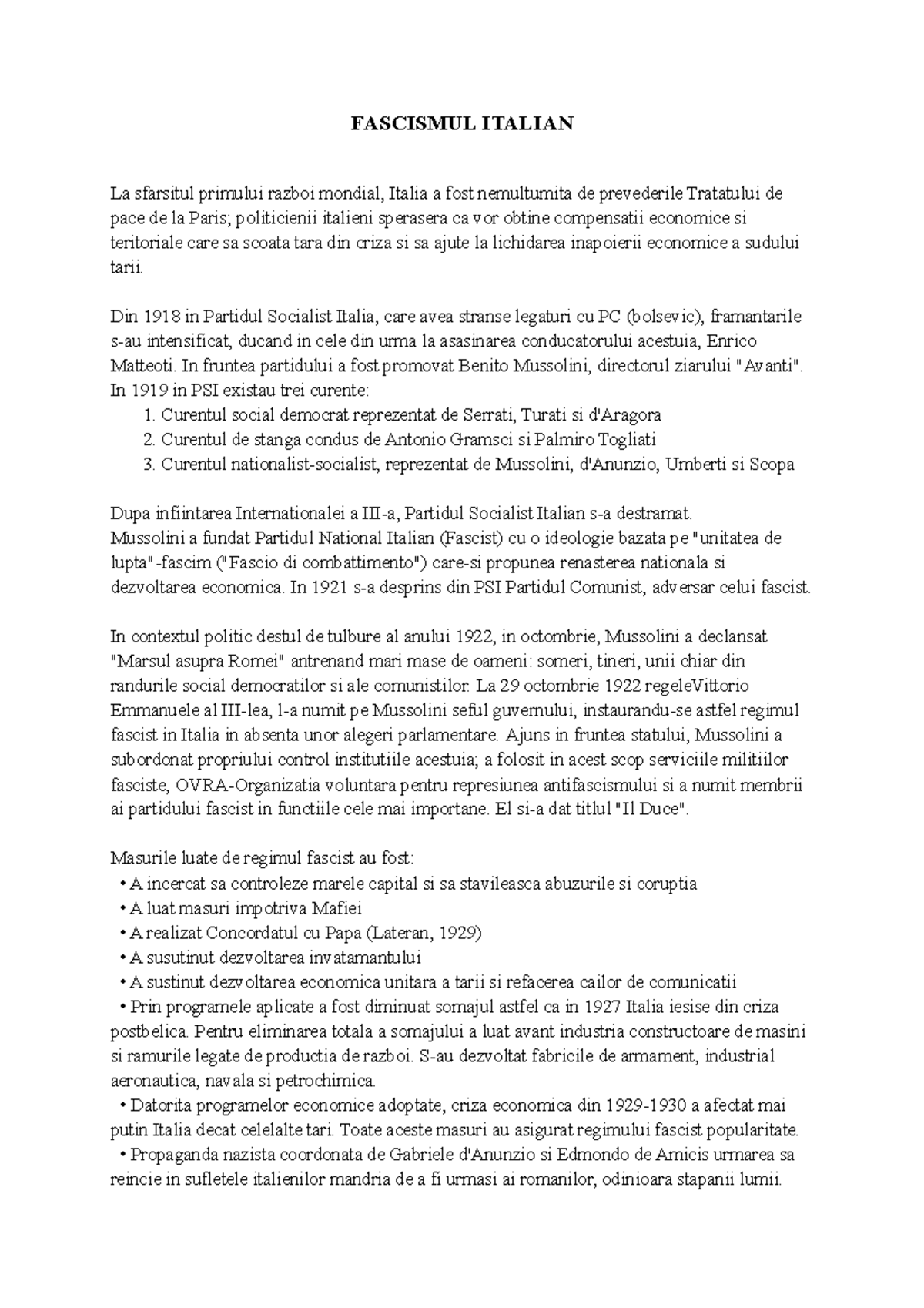 Fascismul Italian - Eseu Istoria Economiei Mondiale - FASCISMUL ITALIAN ...