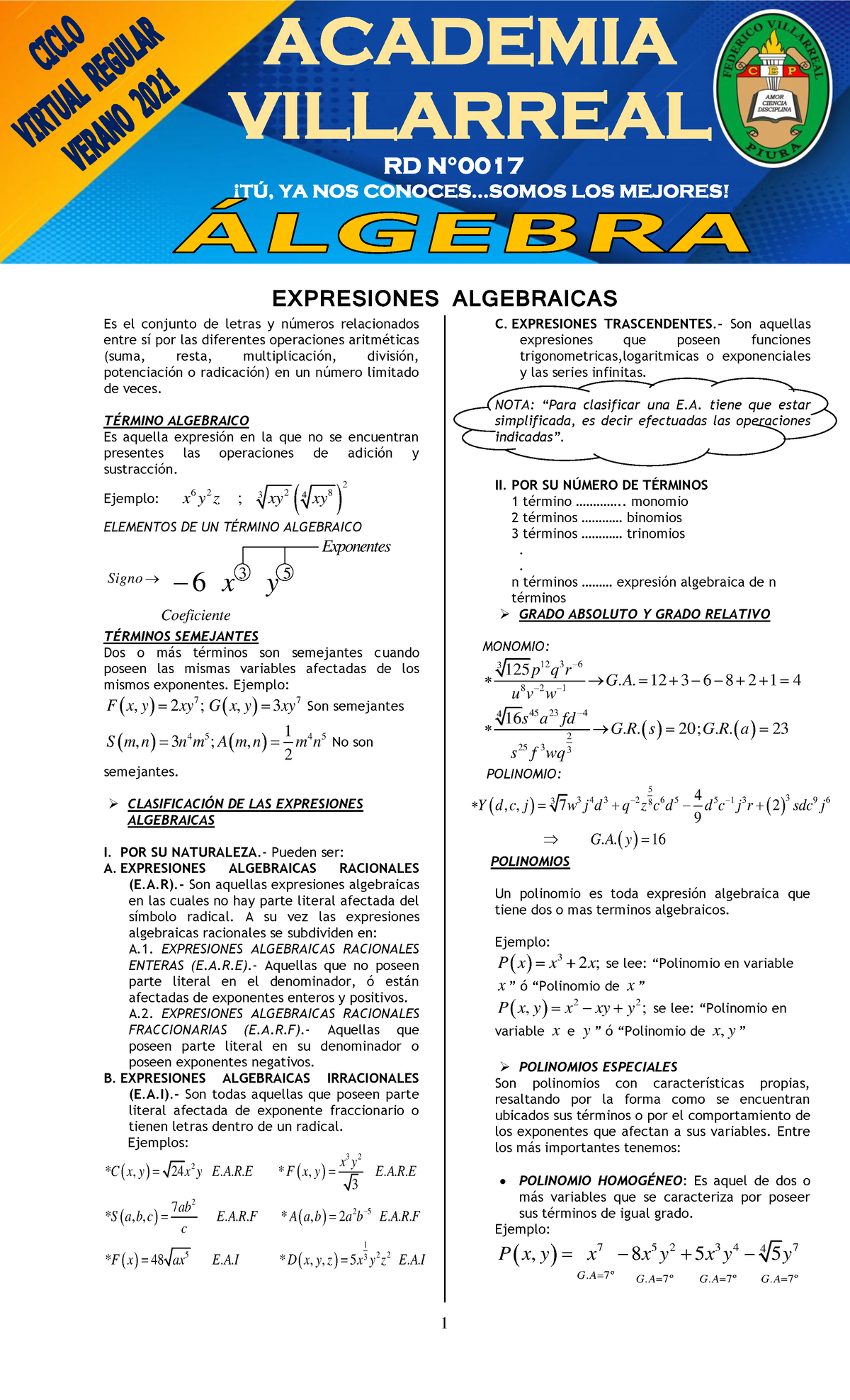 Álgebra Regular Semana 02 Est - EXPRESIONES ALGEBRAICAS Es el conjunto ...