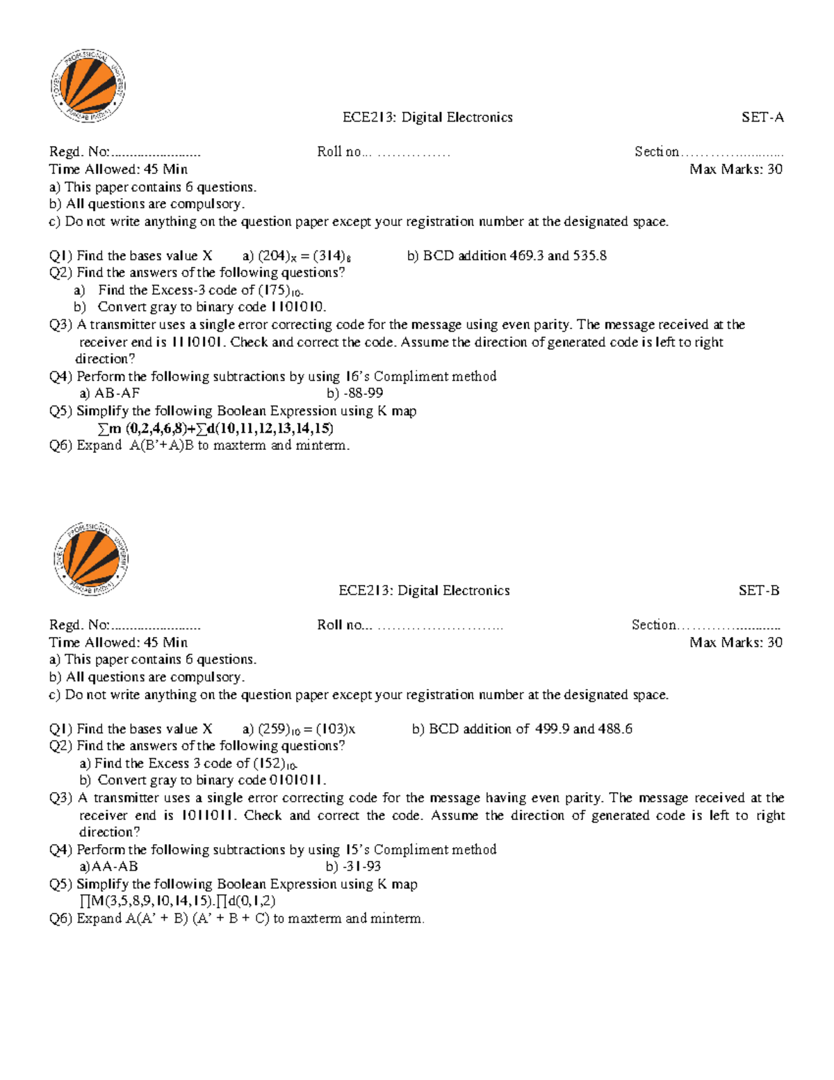 Exam 20 February 2020, questions - ECE213: Digital Electronics SET-A Regd. - Studocu