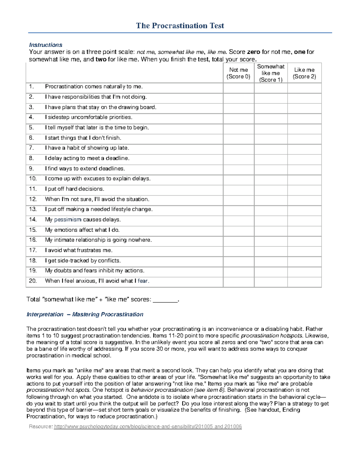 The-procrastination-test - Resource: psychologytoday/blog/science-and ...