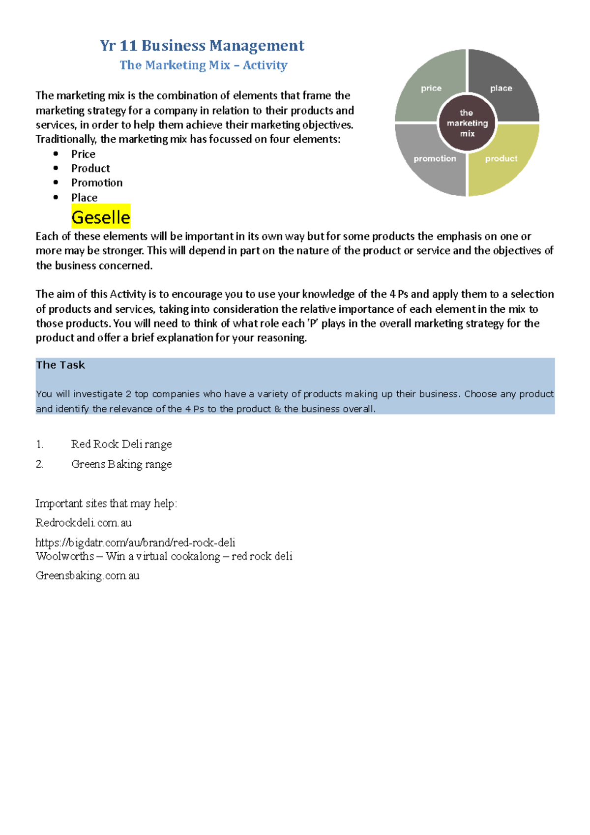 Marketing Mix Activity 2021 - Yr 11 Business Management The Marketing ...