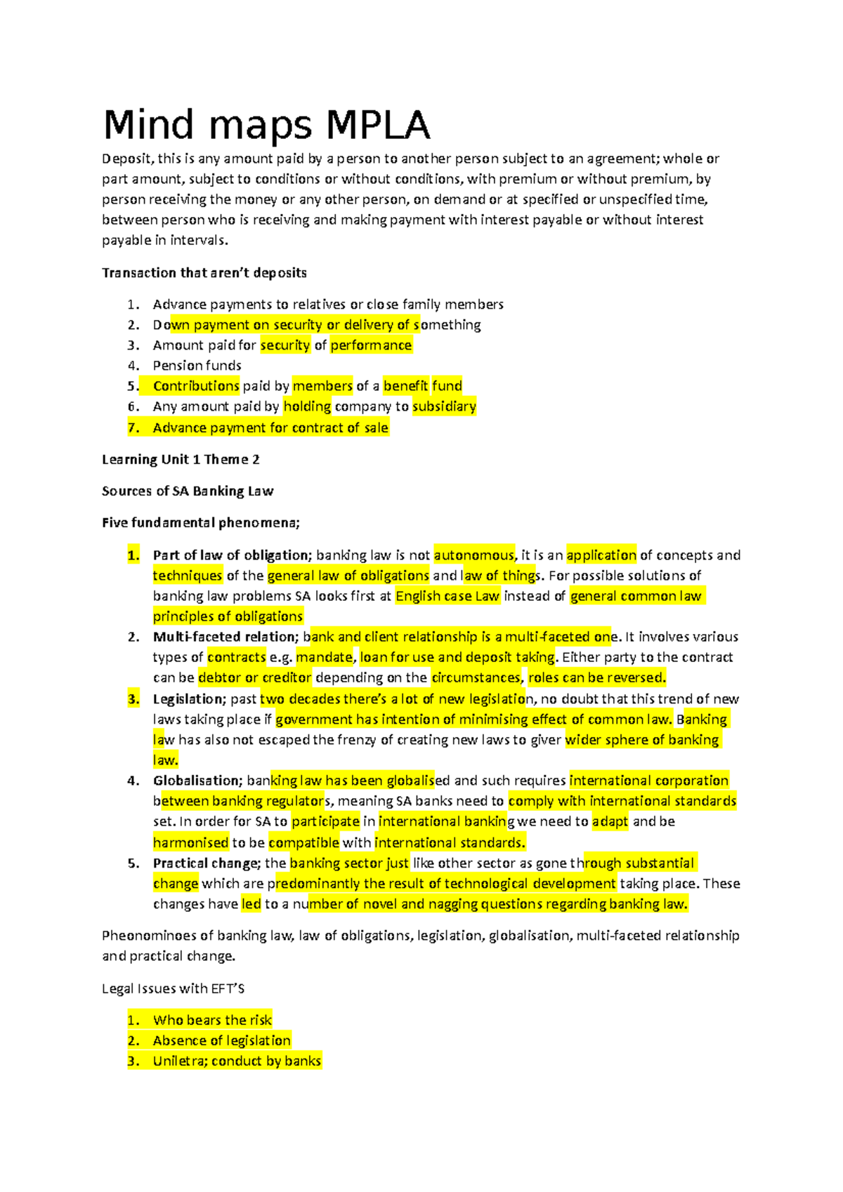 Mind maps Methods of Payment Law - Mind maps MPLA Deposit, this is any ...