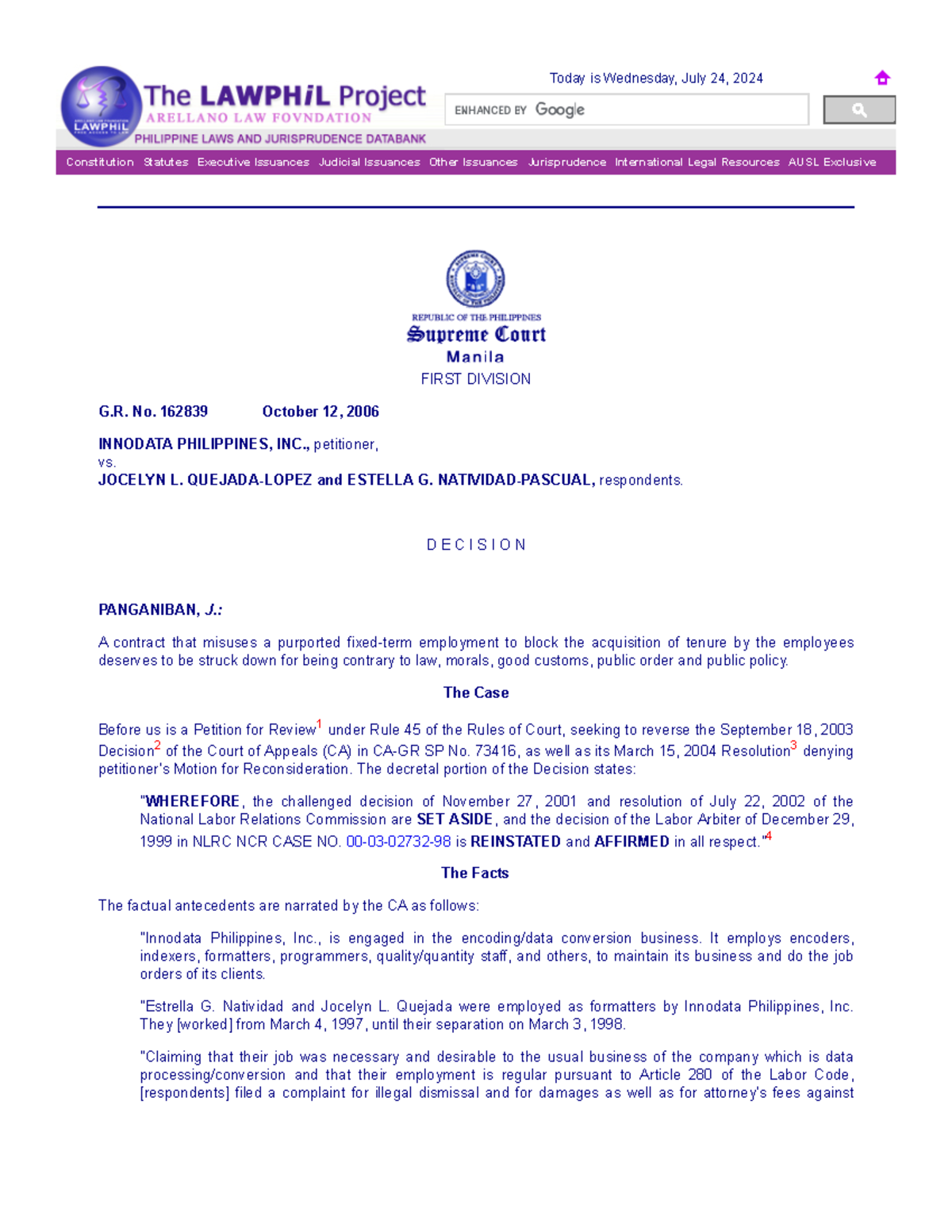 Innodata Philippines Inc.vs.Jocelyn Quejada-Lopez&Estela N.Pascual(G.R ...