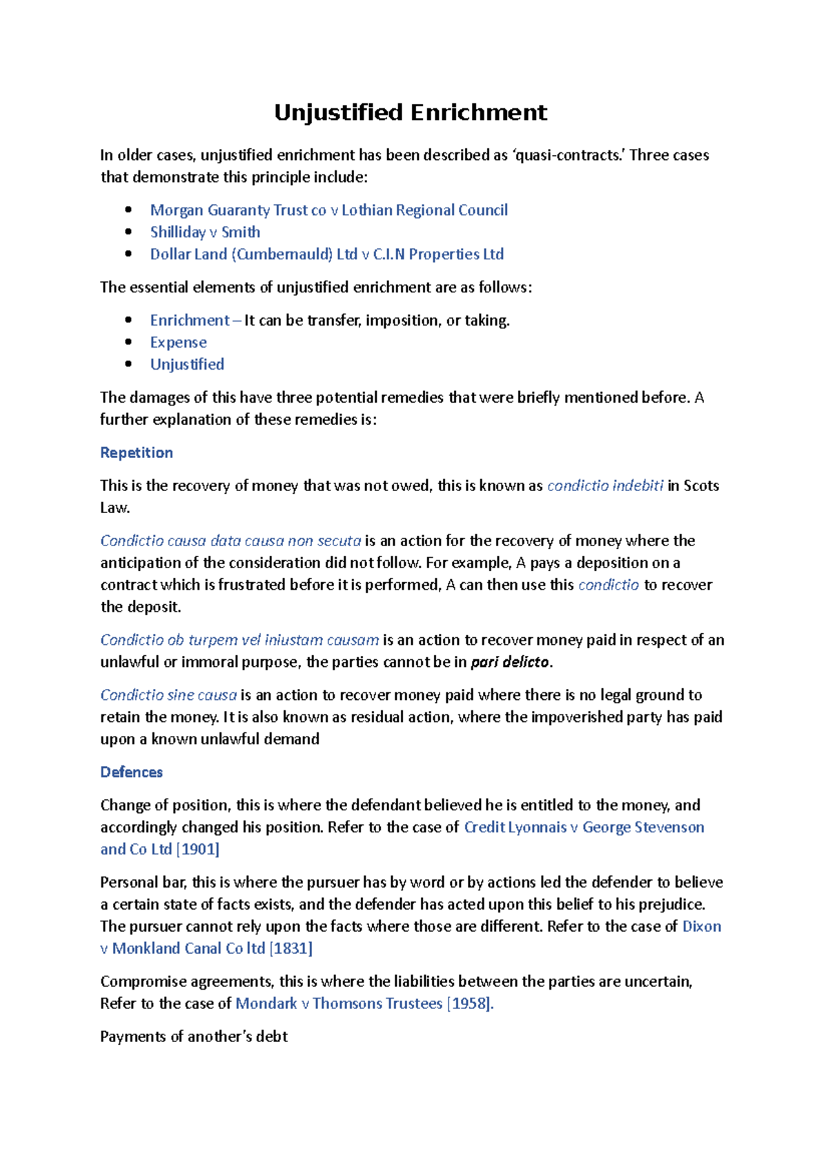 Unjustified Enrichment - ’ Three cases that demonstrate this principle ...