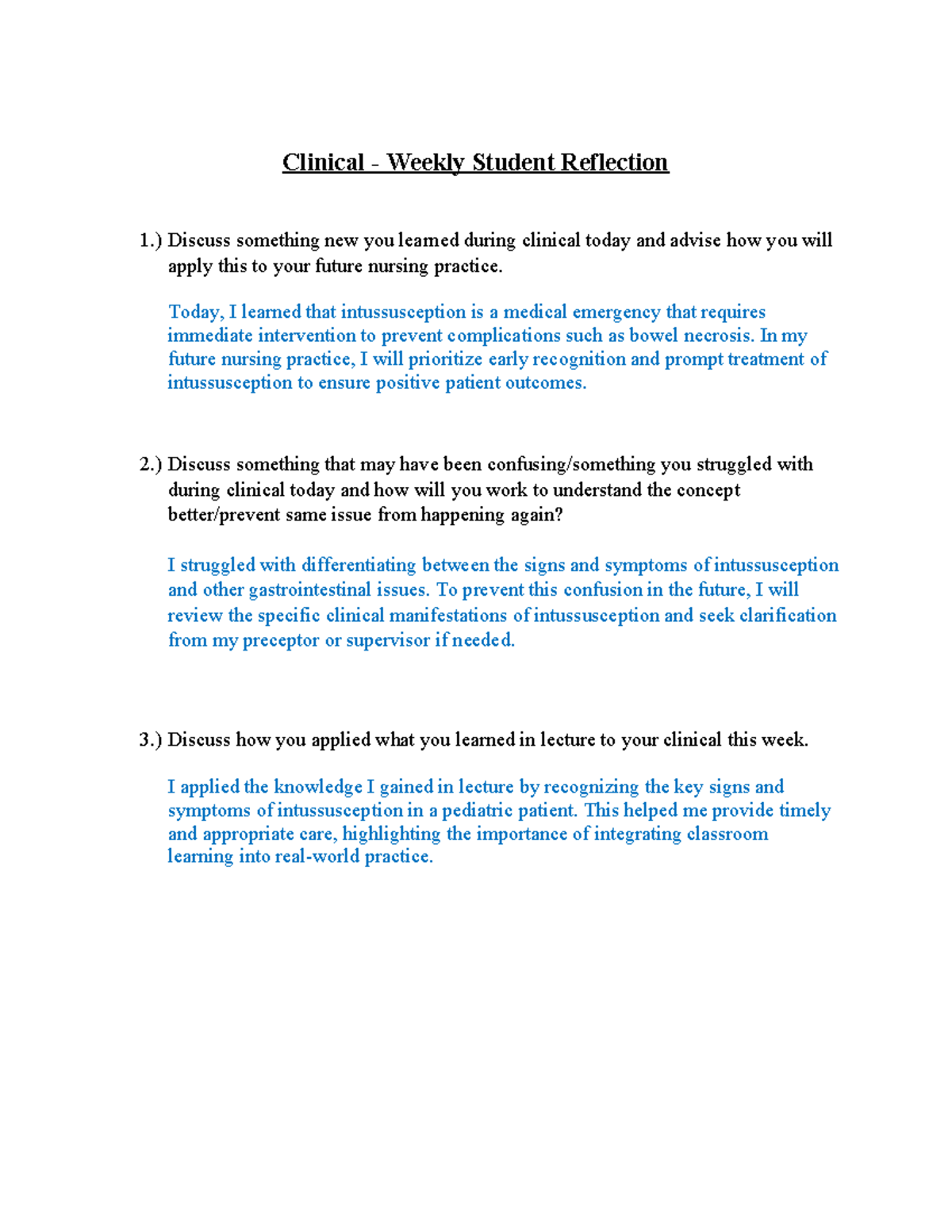 Week 6 Clinical Reflection - Clinical - Weekly Student Reflection 1 ...