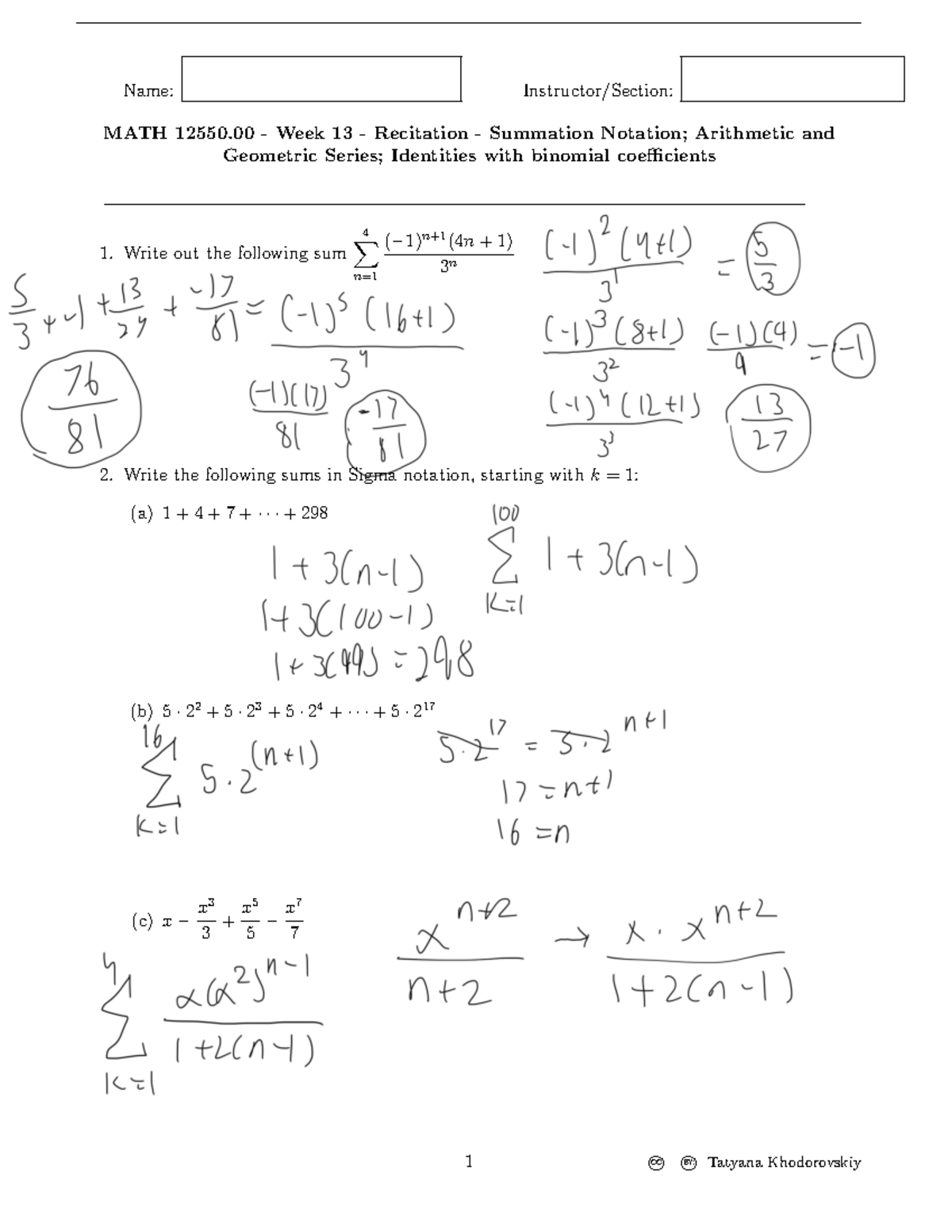MATH12550 Fall2021 Week13 Recitation sums - Name: Instructor/Section ...