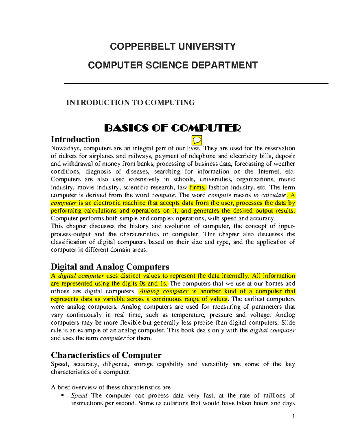 Unit 1 Basics Of Computer 1 Copperbelt University Computer Science 3756