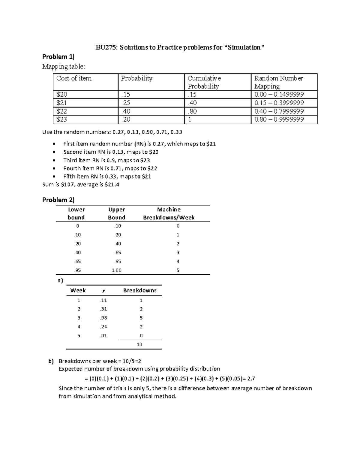 Solutions Simulation - BU275: Solutions to Practice problems for “Simulation” Problem 1) Mapping ...