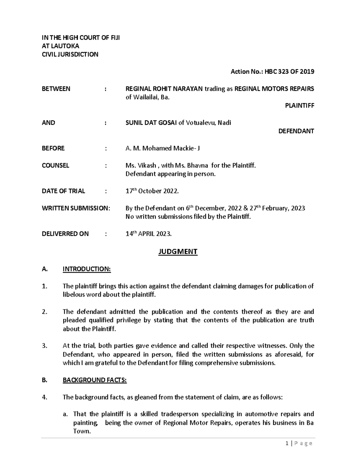 Narayan v Gosai [2023] FJHC 230 - IN THE HIGH COURT OF FIJI AT LAUTOKA ...
