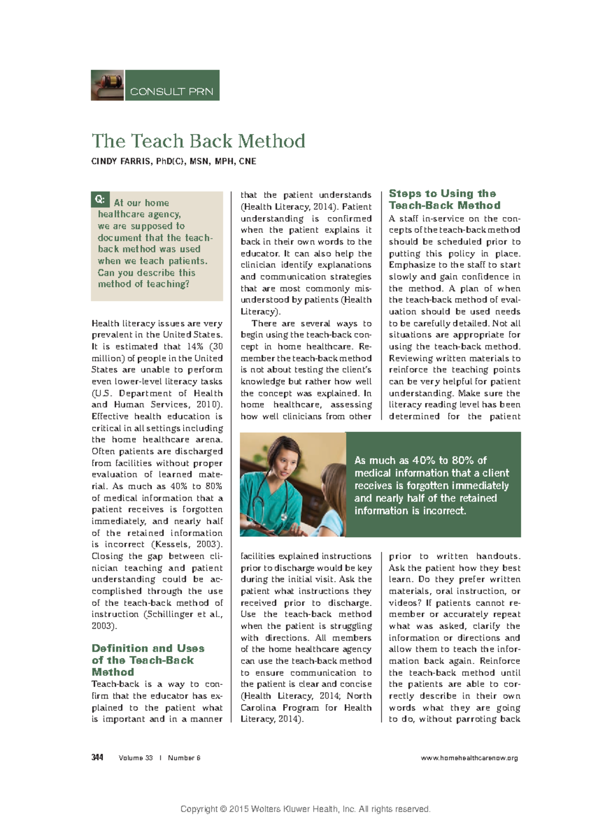 Teach back Method article - NSG3107 - uOttawa - Studocu