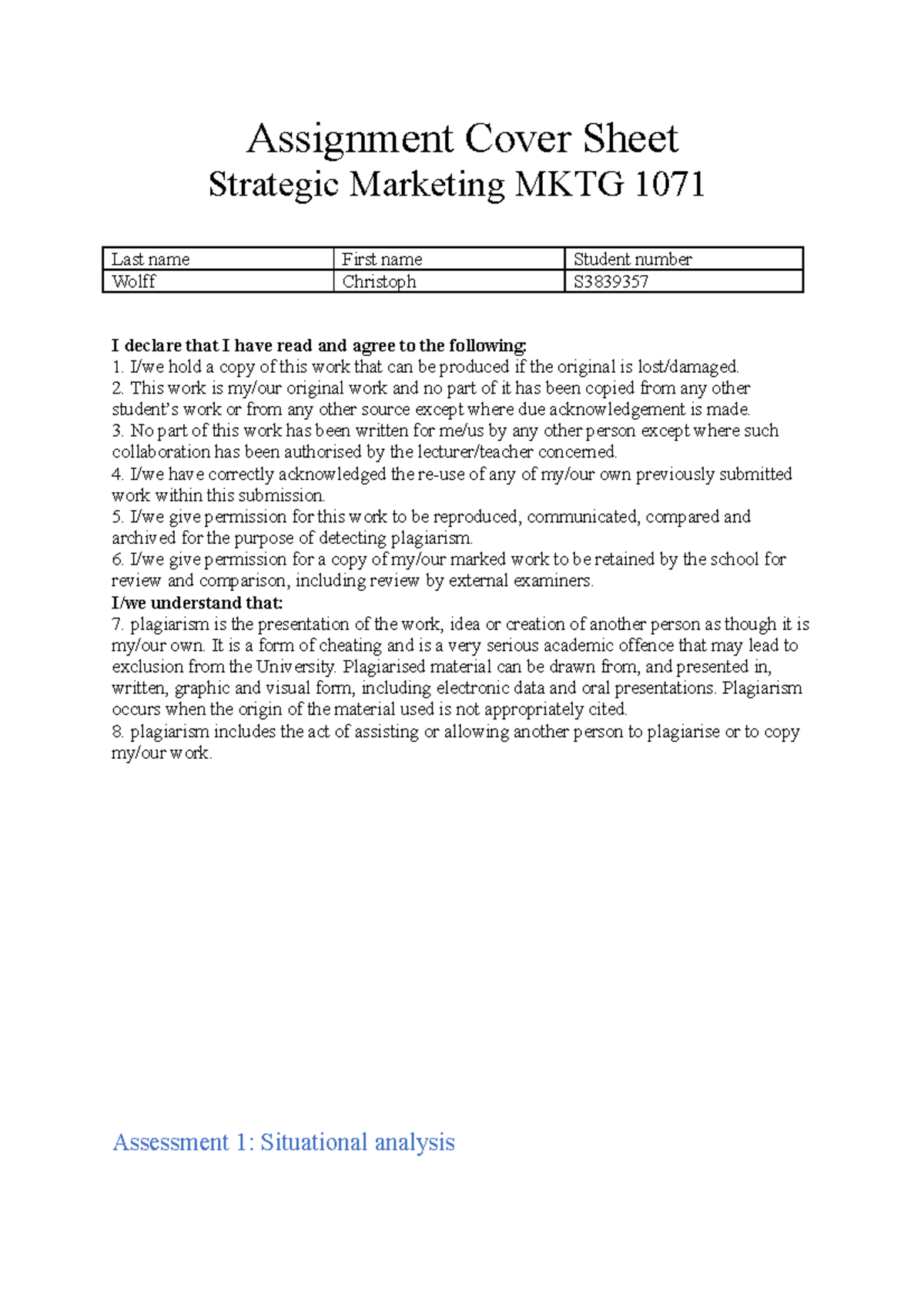 Situational analysis- Final - Assignment Cover Sheet Strategic ...