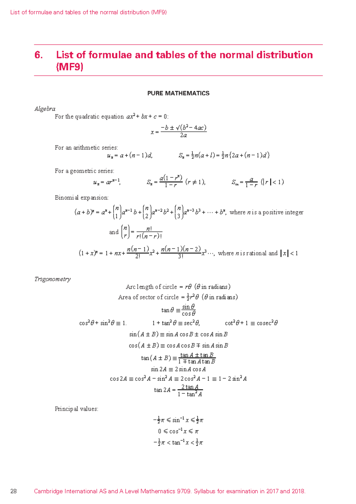 ALevel Mathematics Formulasheet - 6. List of formulae and tables of the ...