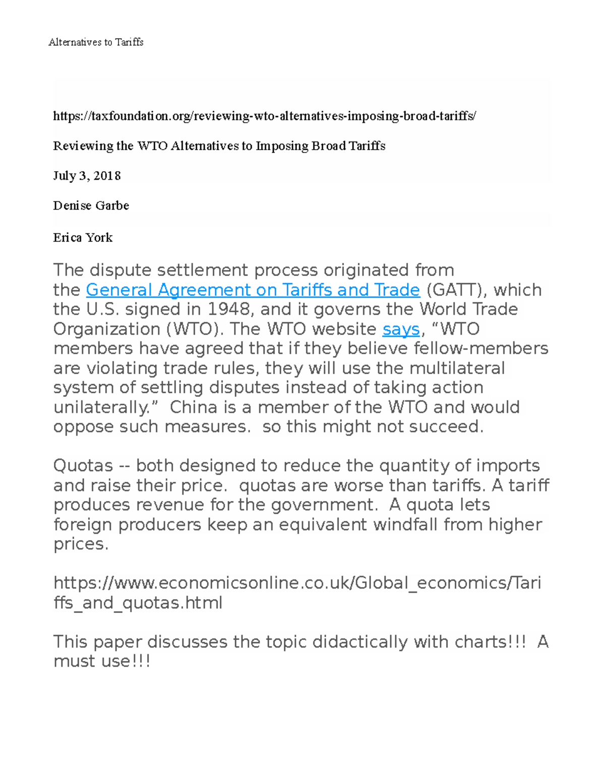 Alternatives to Tariffs - Alternatives to Tariffs - Studocu