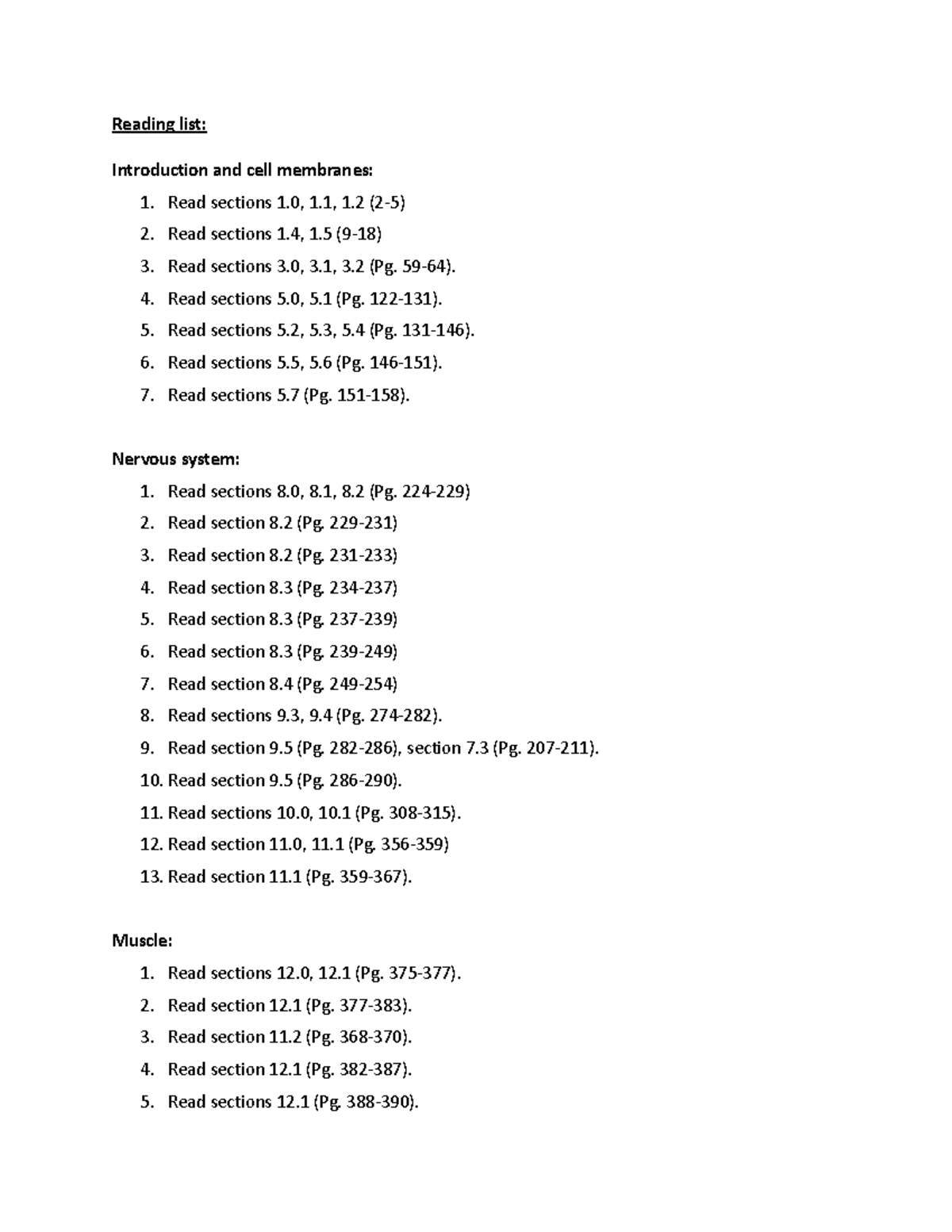 BMSC 207 reading list - Reading list: Introduction and cell membranes: 1. Read sections 1, 1, 1 ...