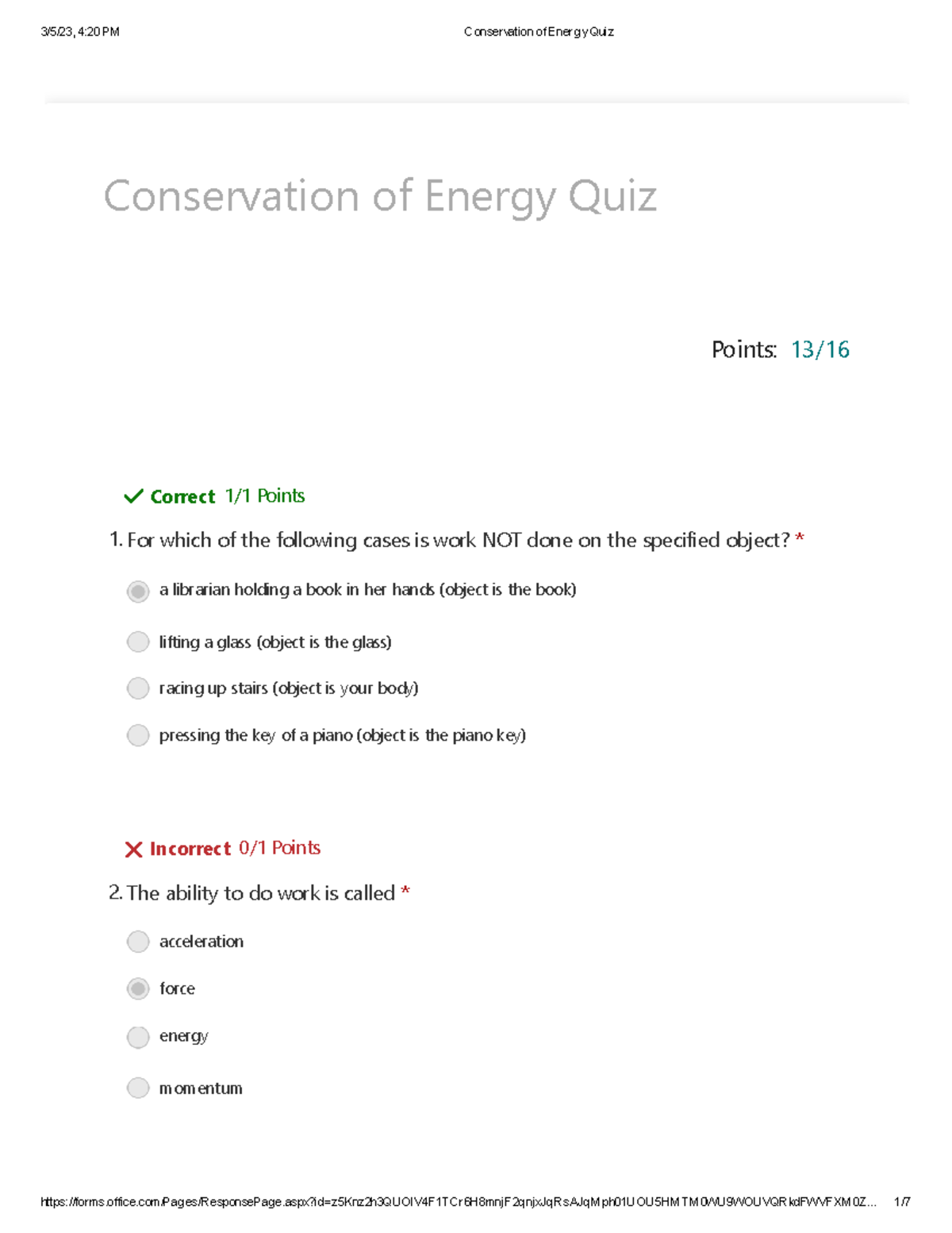 Conservation of Energy Quiz - Points: 13/ Conservation of Energy Quiz ...