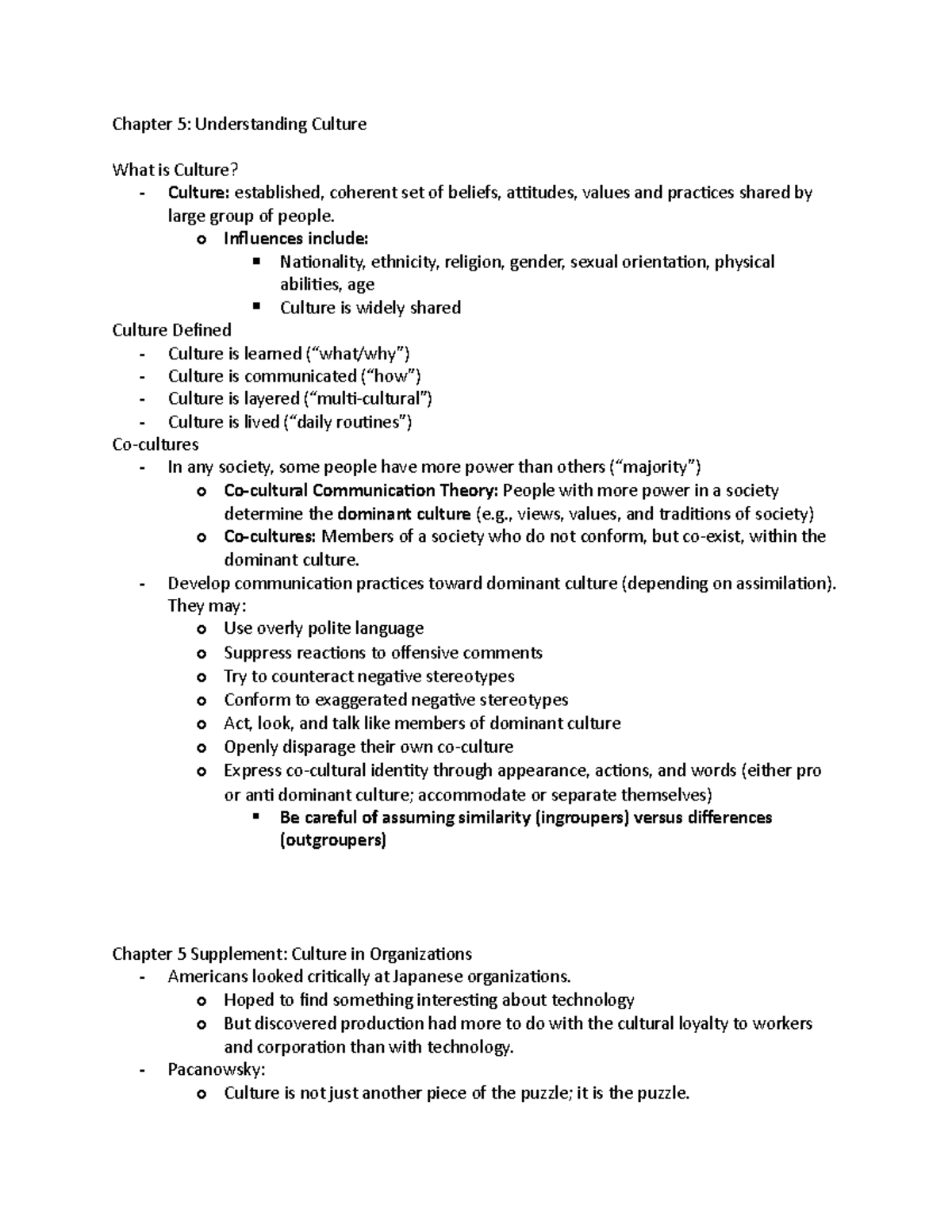 COMM 1500 CH 5 - Chapter 5 Notes - Chapter 5: Understanding Culture ...