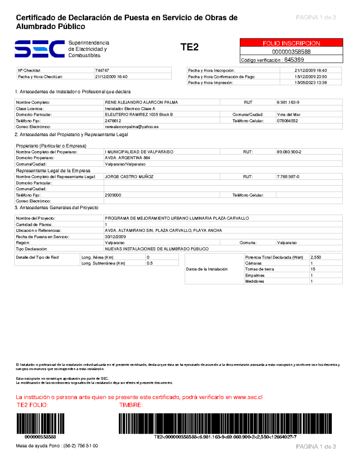 TE2 ejemplo - 1. Antecedentes de Instalador o Profesional que declara 2 ...